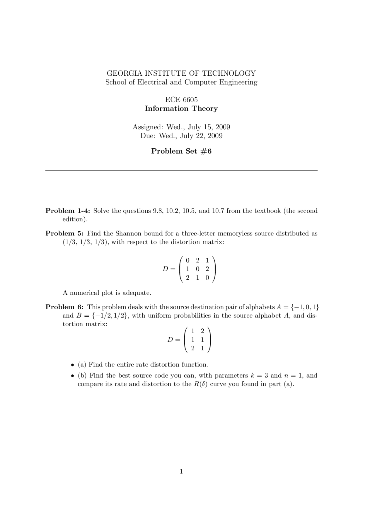 Information Theory Problem Set 6 Ece 6605 Docsity