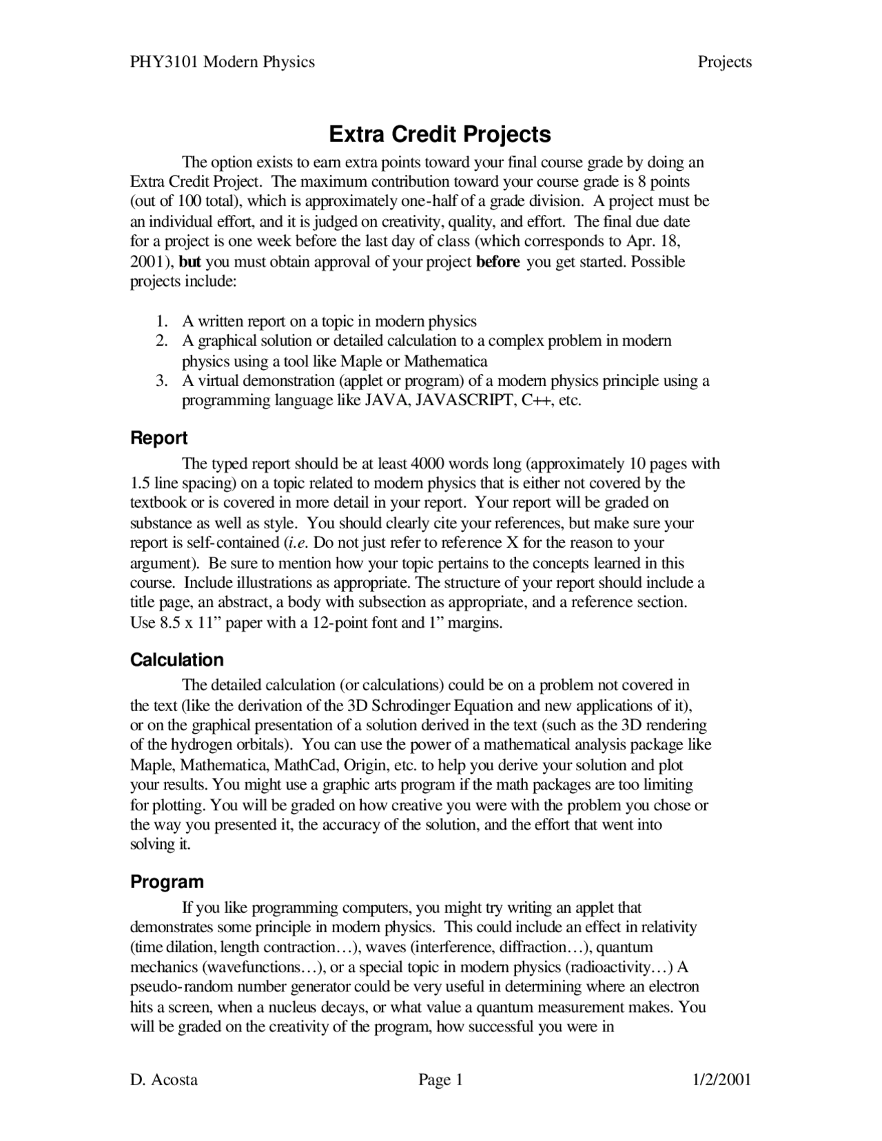 Extra Credit Projects for Modern Physics | PHY 3101 - Docsity