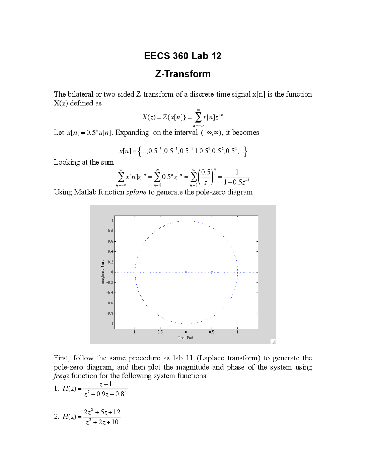 Z Transform Signal And System Analysis Lab 12 Eecs 360 Docsity
