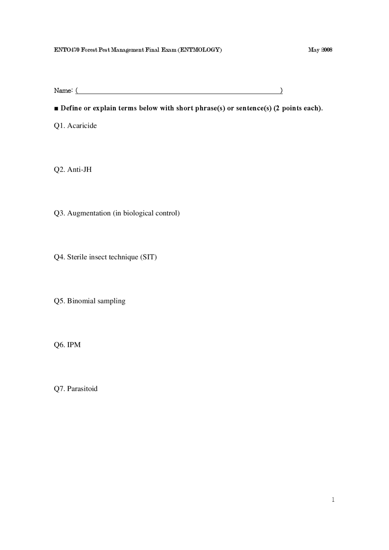 Final Exam For Forest Pest Management Ento 470 Docsity