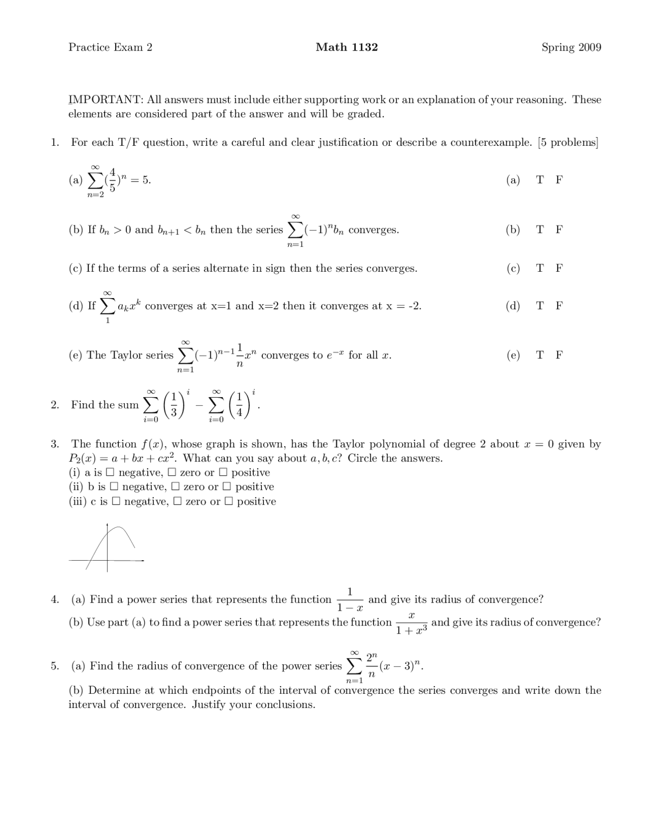 Practice Exam with 11 Problems - Calculus II | MATH 1132 - Docsity