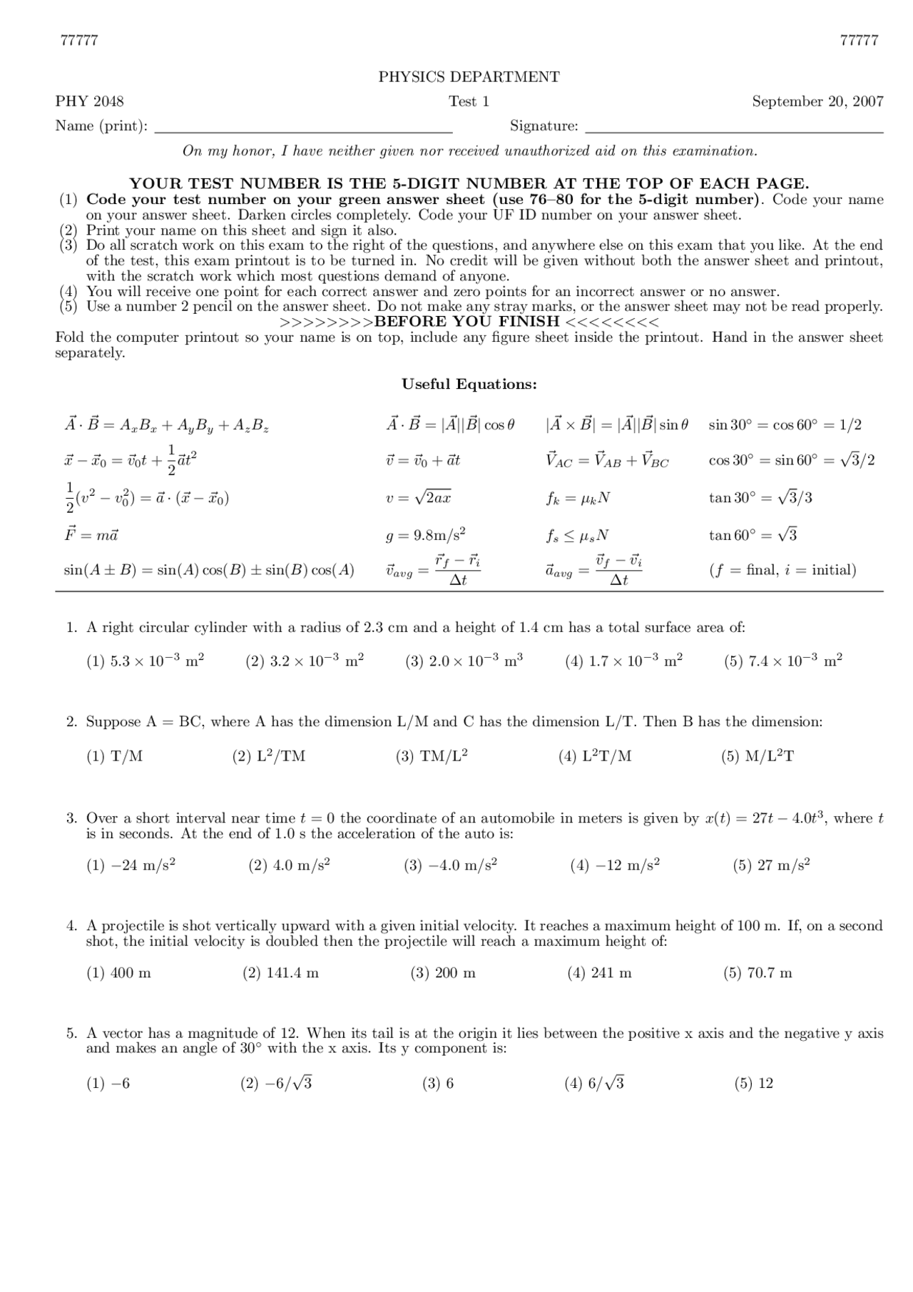 Exam1 For Physics With Calculus 1 Phy 2048 Docsity