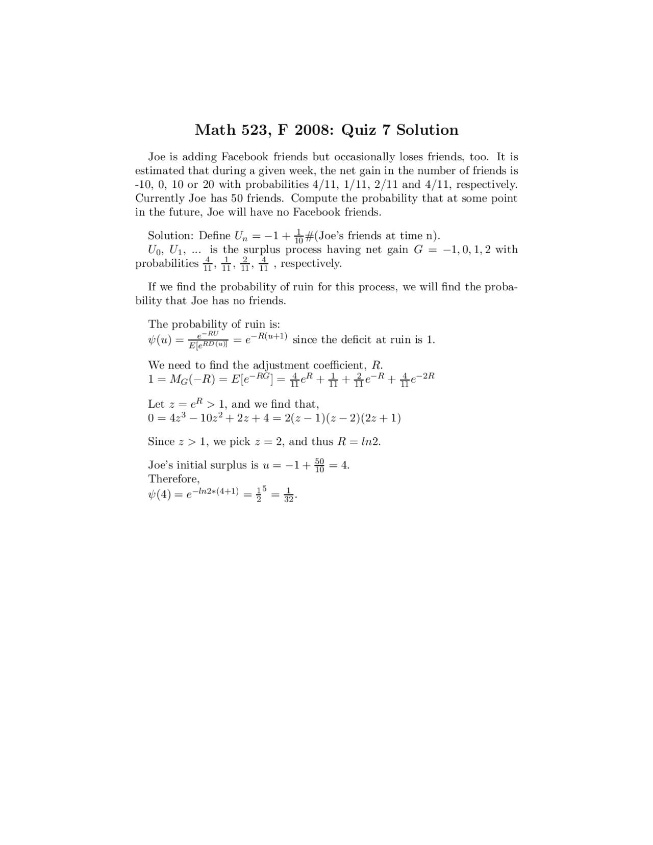 Quiz 7 With Solution Risk Theory Fall 2008 Math 523 Docsity