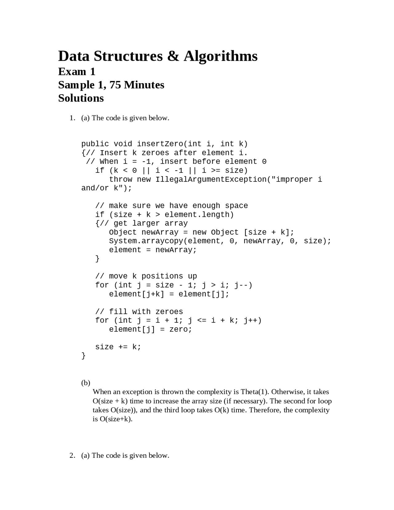 Exam 1 Sample Solution Data Structure And Algorithms Cop 3530 Docsity 2745