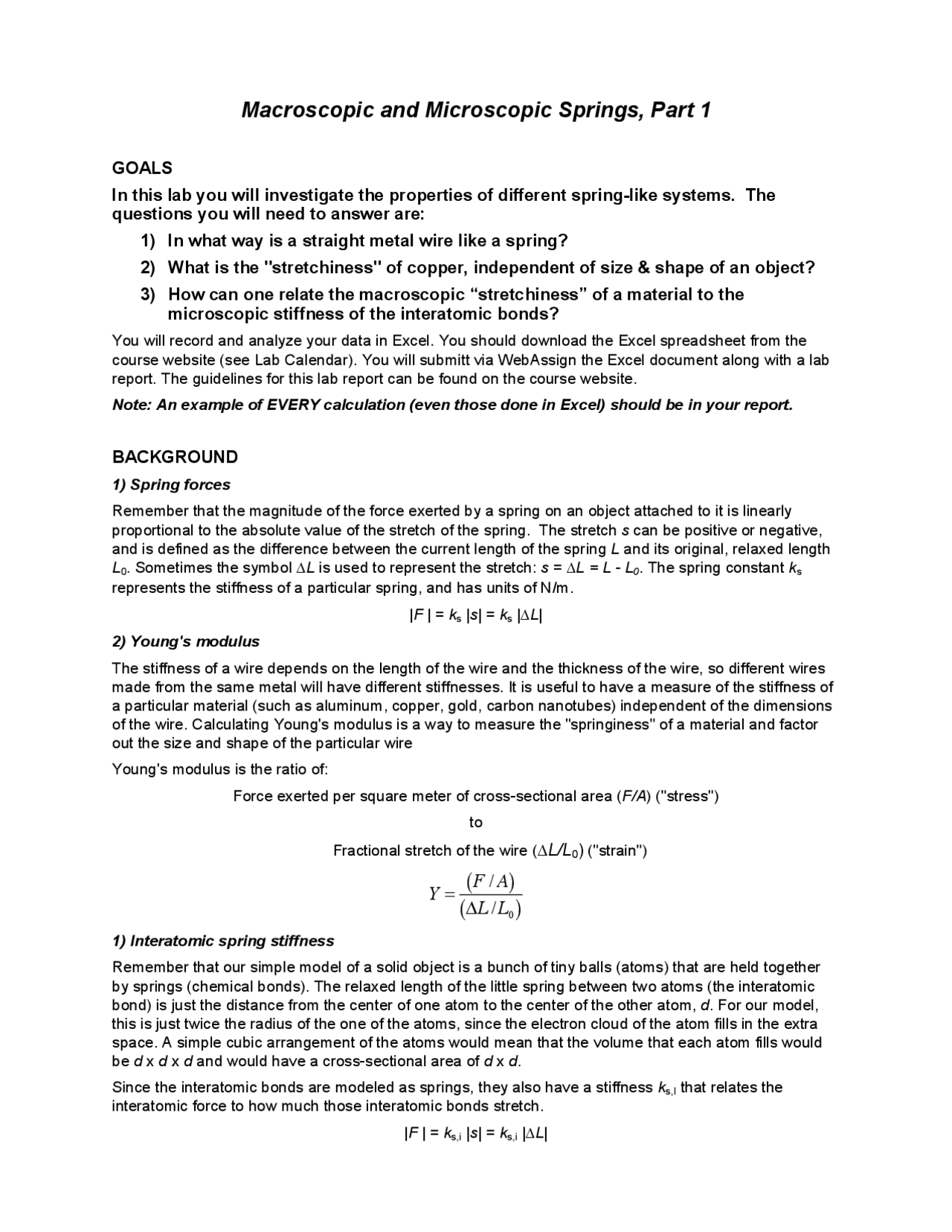 Macroscopic and Microscopic Springs - Laboratory 1 | PHYS 0475 - Docsity