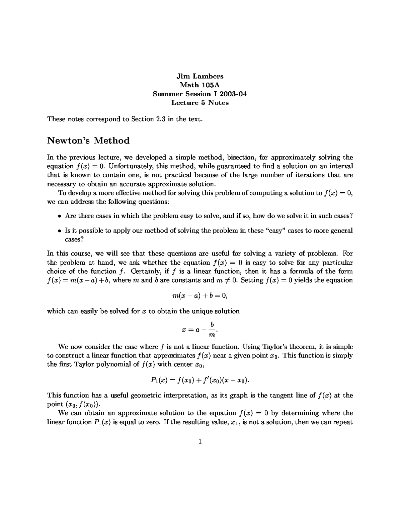 Lecture Notes on Newton's Method - Numerical Analysis | Math 105A - Docsity