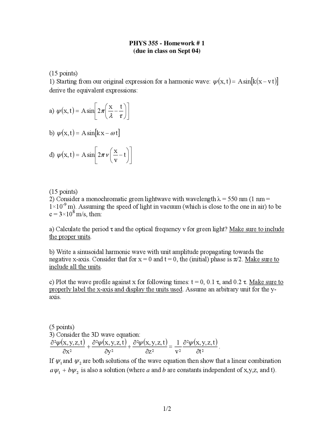 Practice Problems On Optics Homework 1 Phys 355 Docsity
