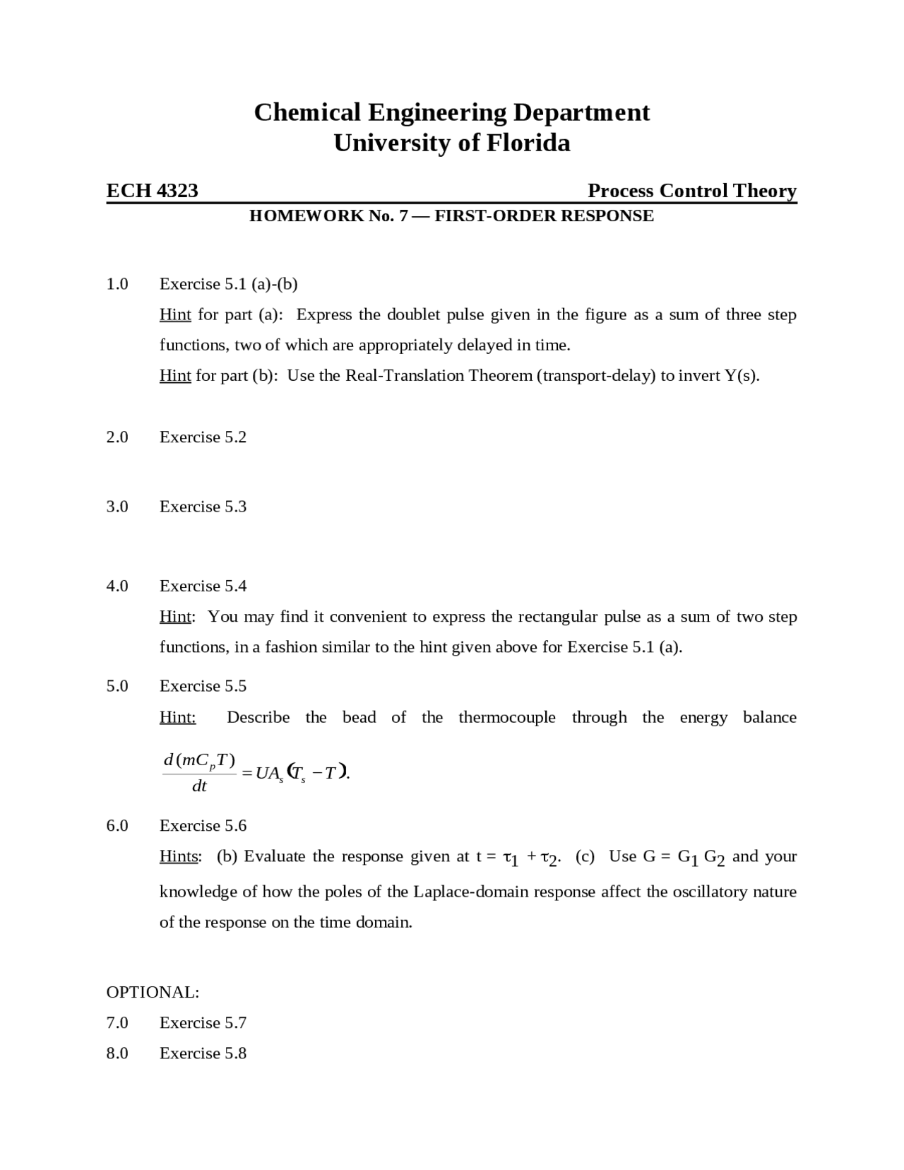 Homework 7 For Process Control Theory Ech 4323 Docsity