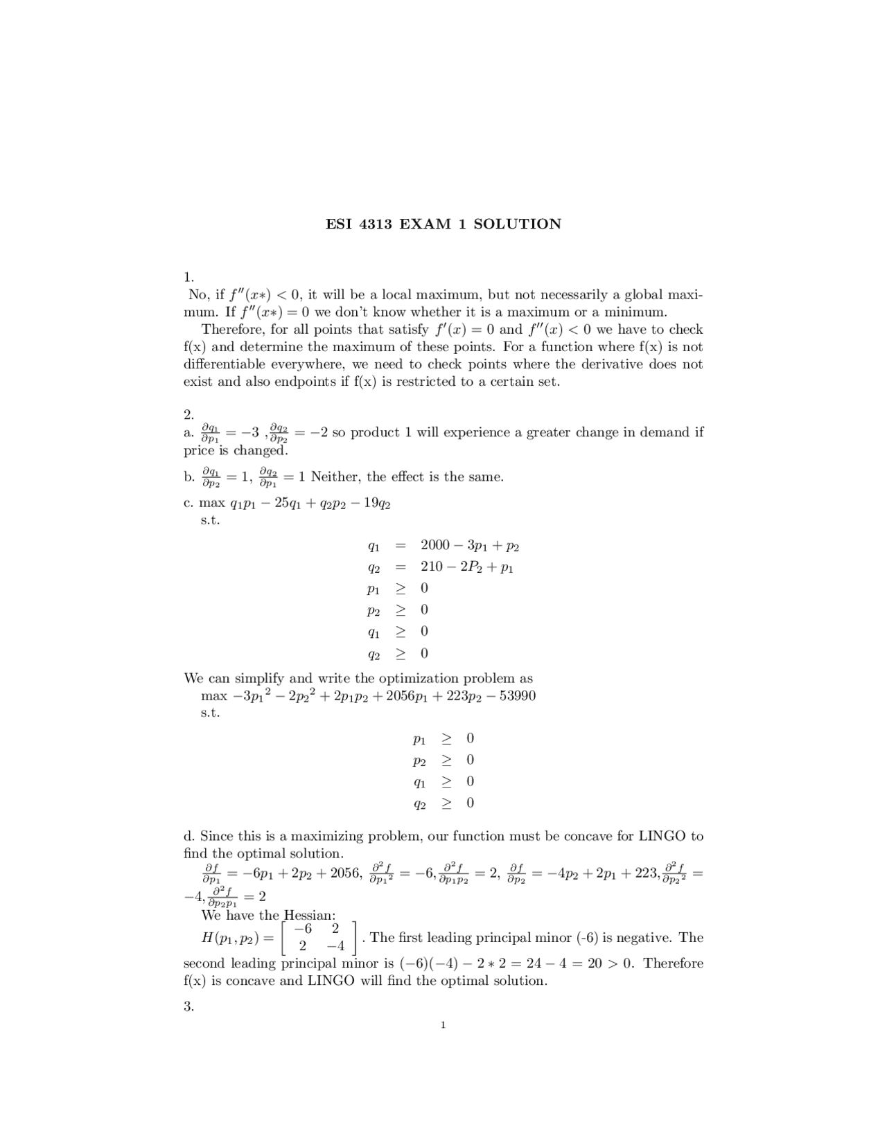 Exam 1 Solution Operations Research Ii Esi 4313 Docsity