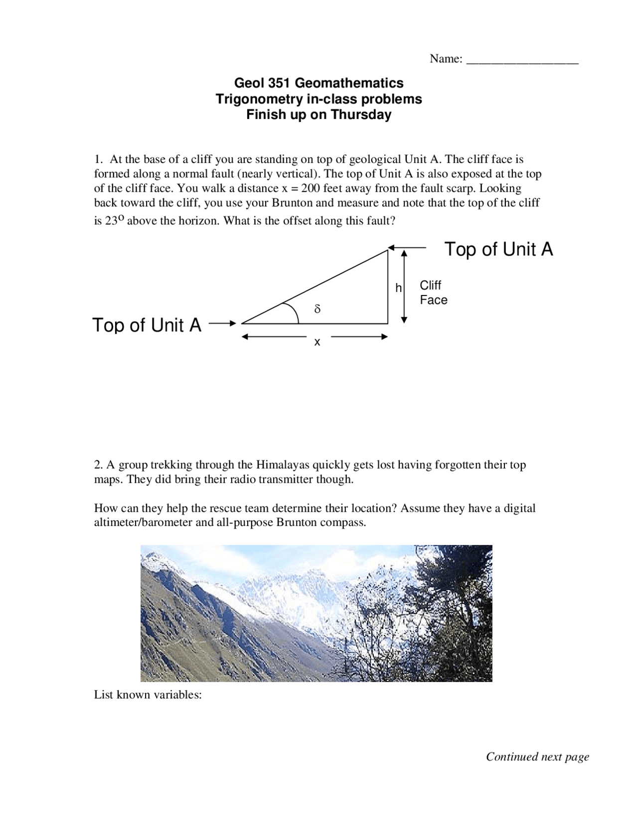 Trigonometry In Class Problems Geomathematics Geol 351 Docsity