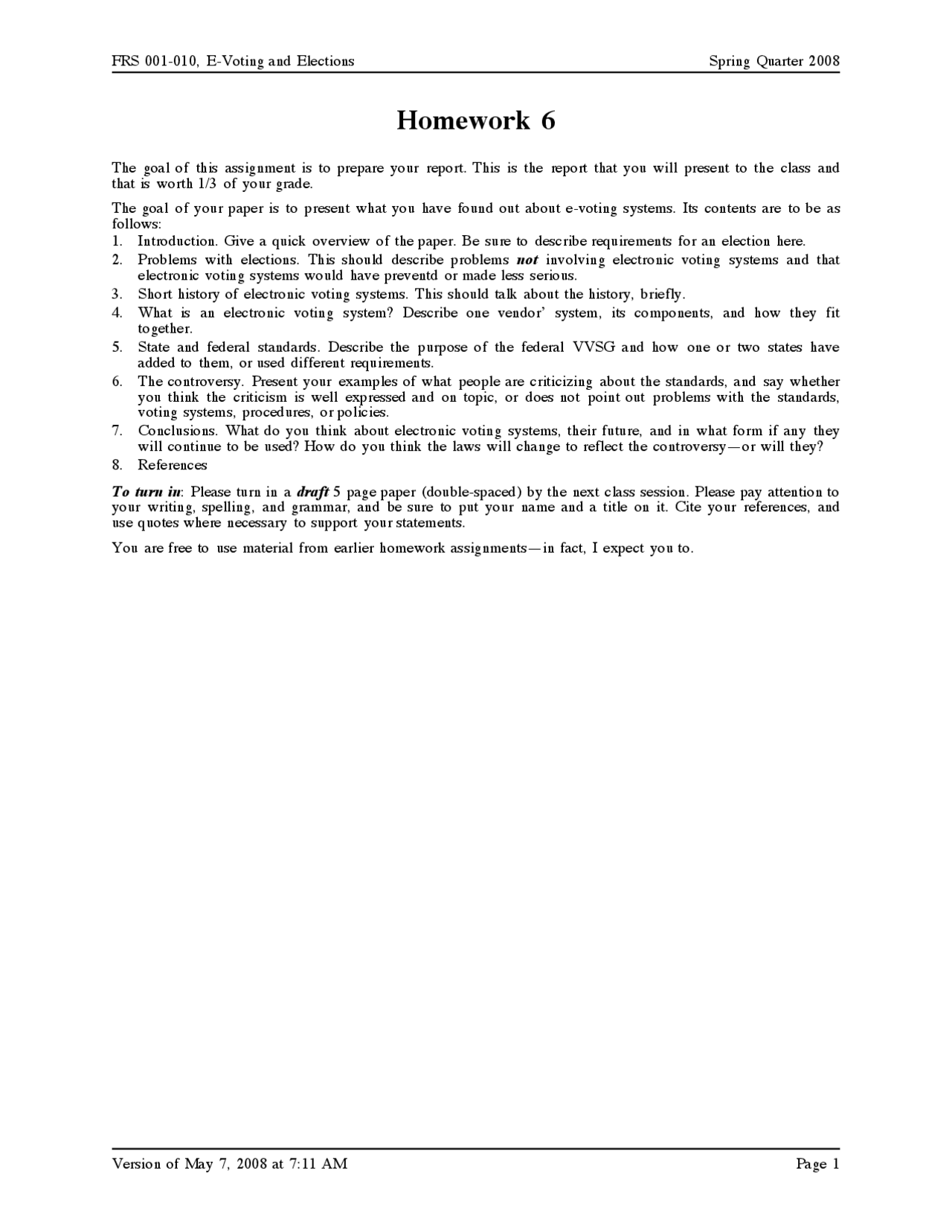 Homework 6 For First Year Seminar Frs 001 Docsity