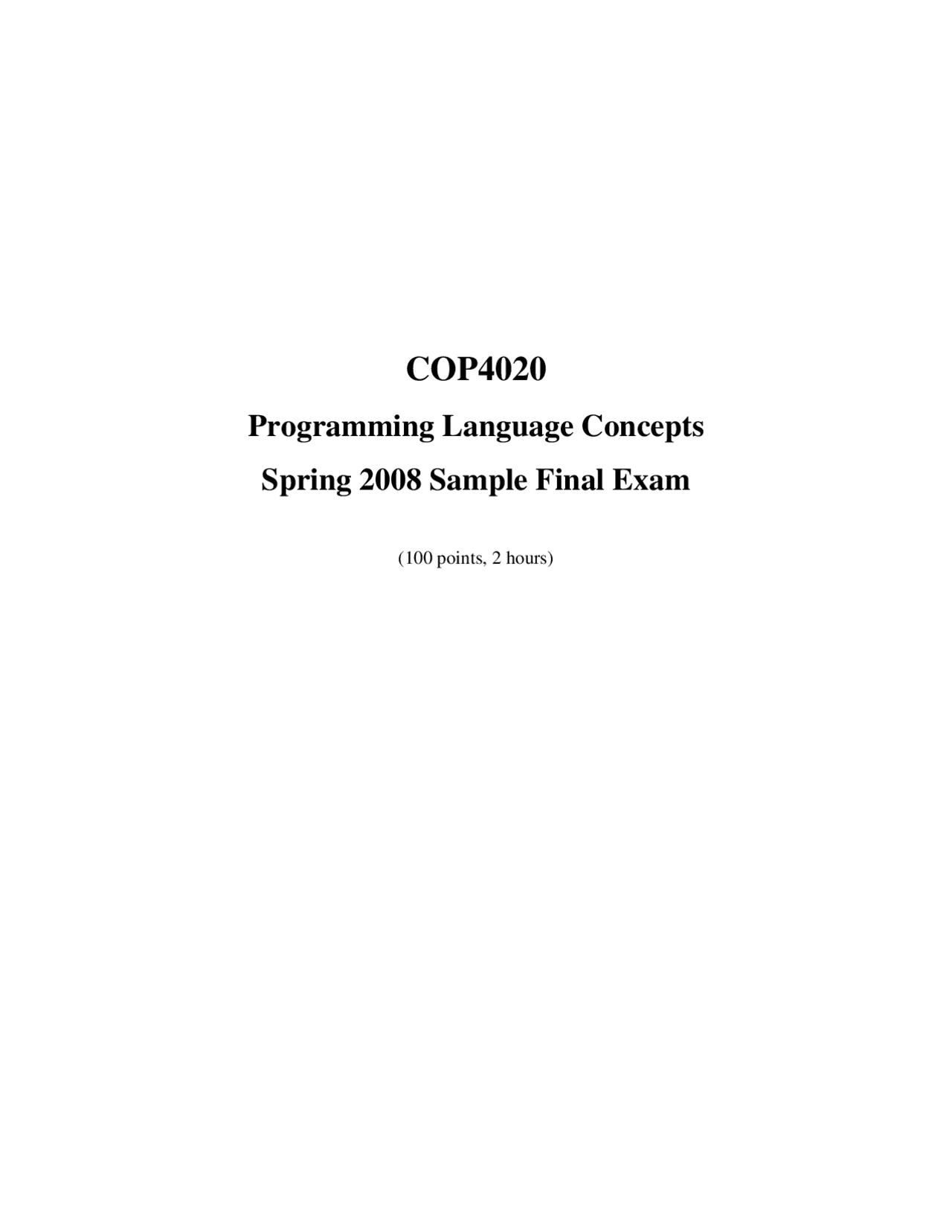 Programming Language Concepts Sample Final Exam 2008 Cop 4020 Docsity