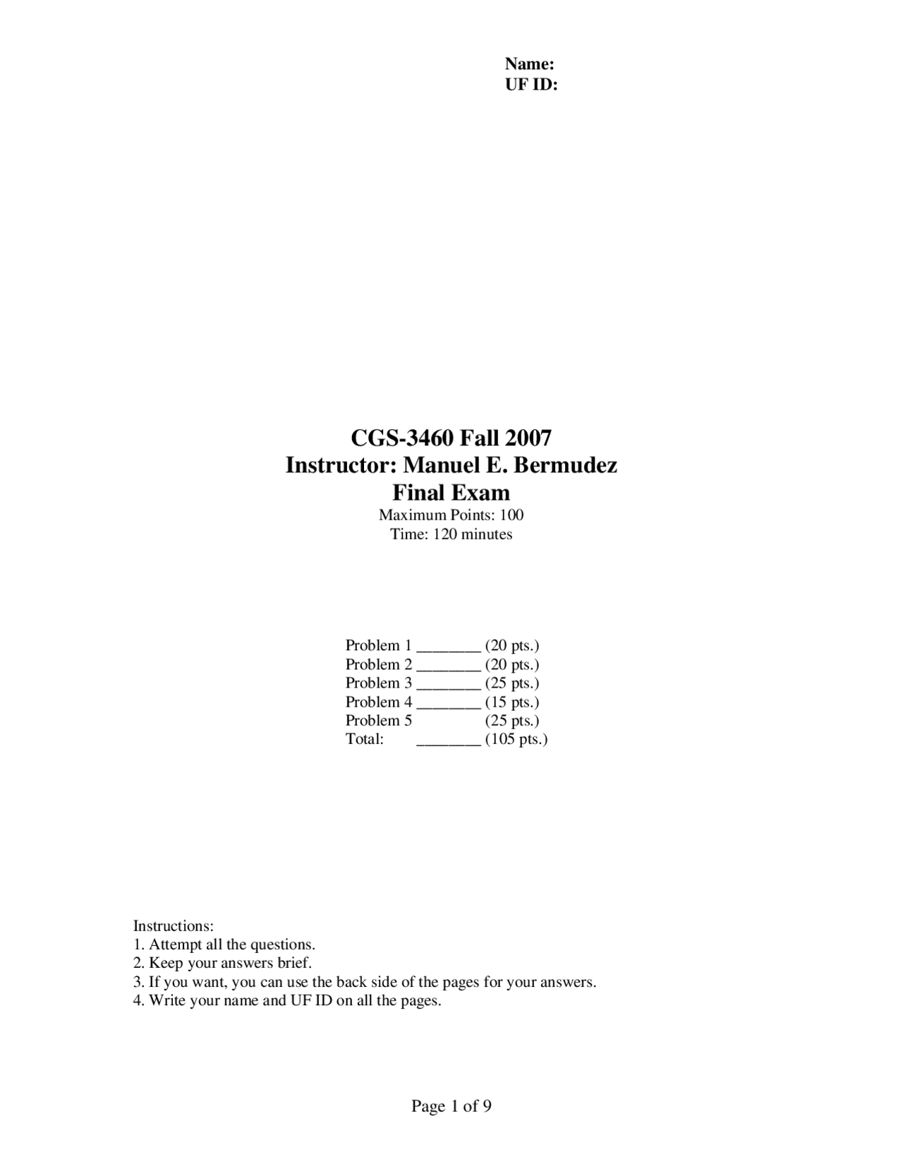 5 Solved Problems For Final Exam C Programming Using Cgs 3460 Docsity