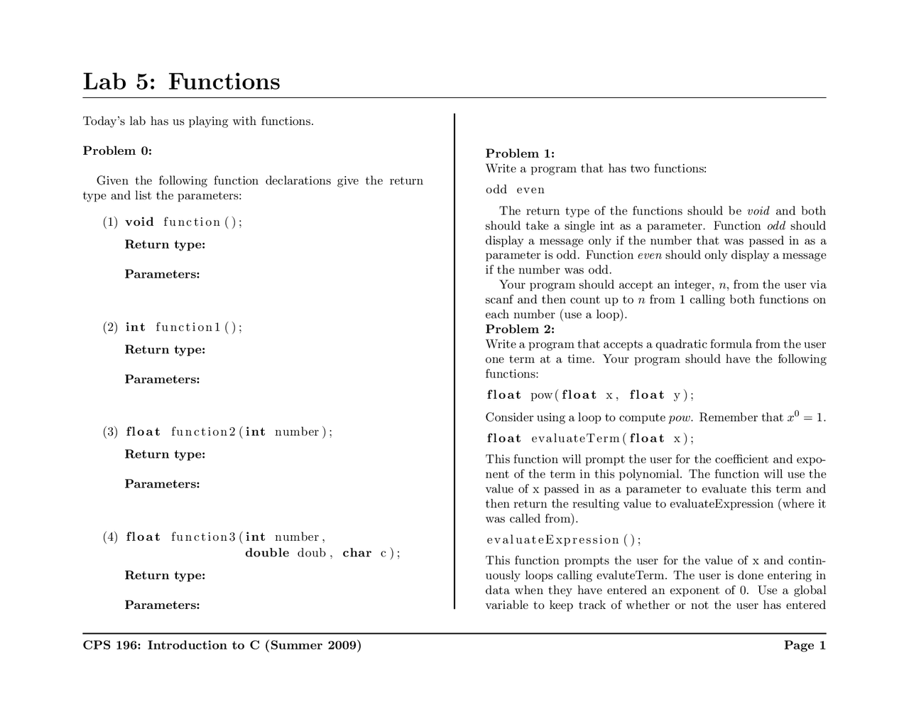 Functions Laboratory 5 Introduction To Computer Programming Cps 196 Docsity