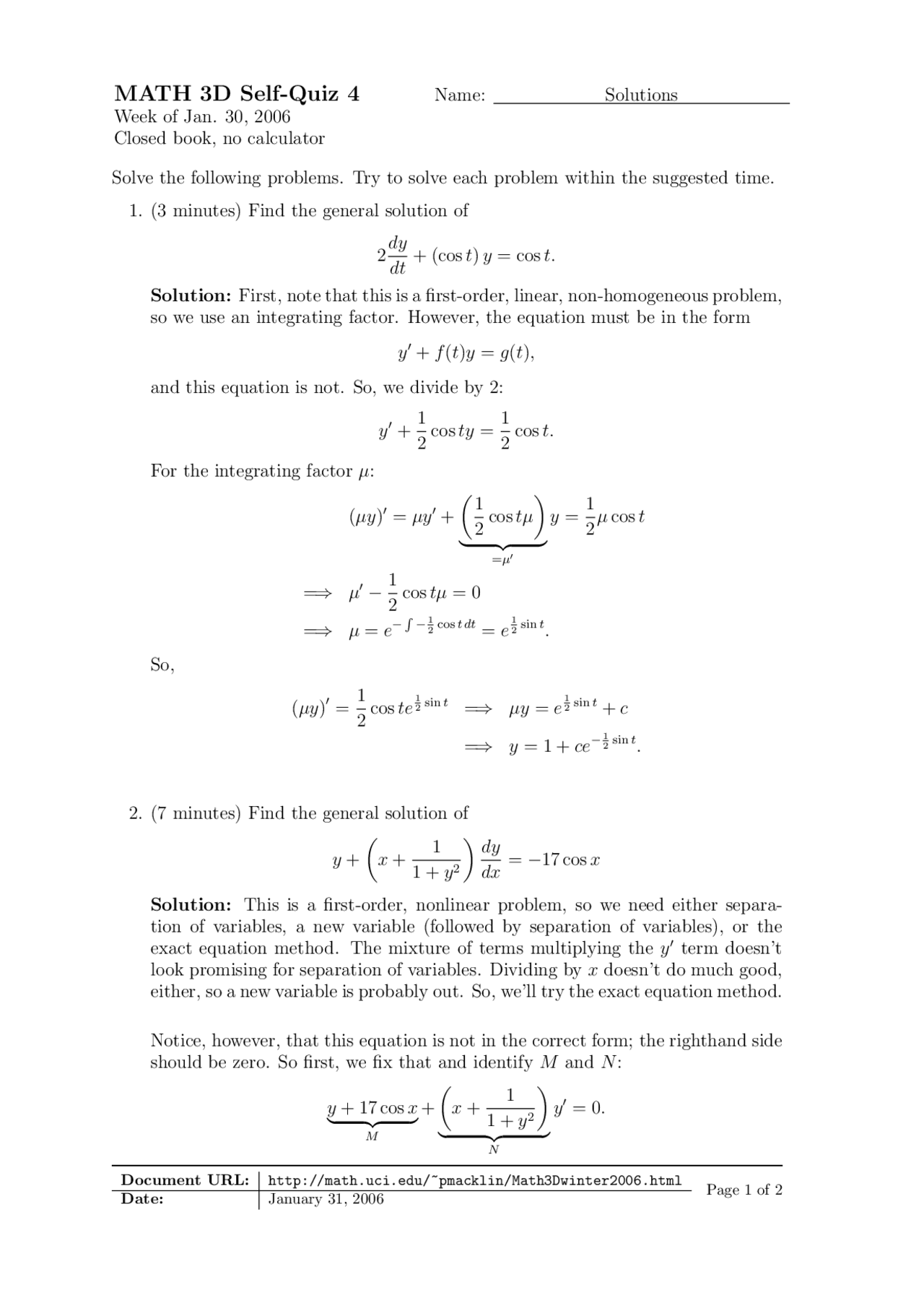 Self Quiz 4 With Solutions Elementary Differential Equations Math