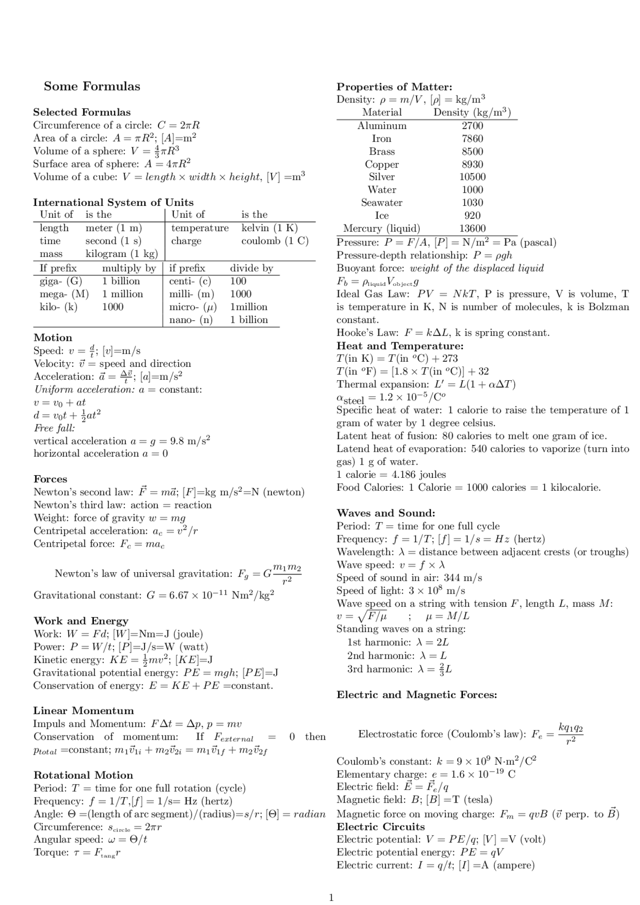 Exam 3 Cheat Sheet Physical World Phy 1020 Exams Physics Docsity