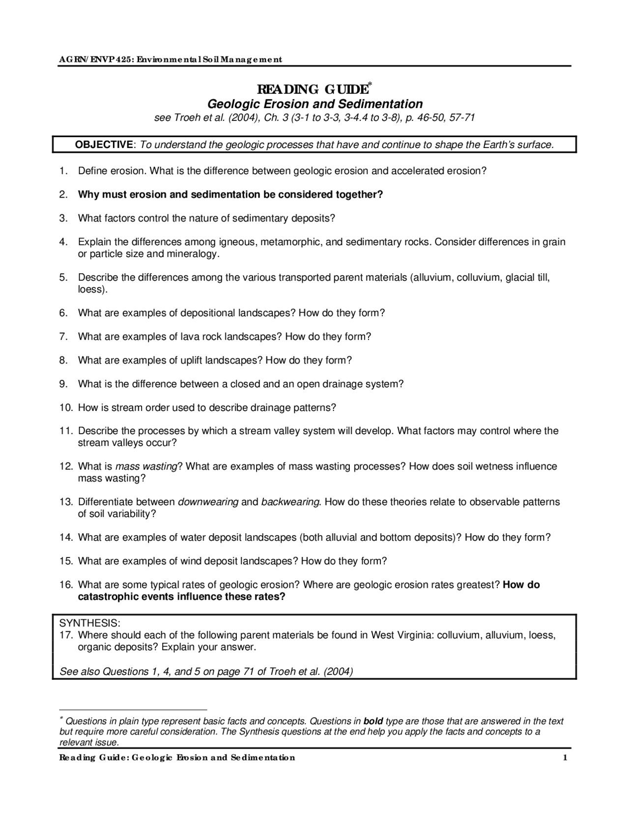 Geologic Erosion And Sedimentation Reading Guide Envp 425 Docsity