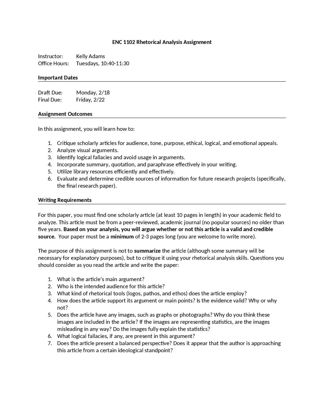 Rhetorical Analysis Assignment Paper 1 Enc 1102 Docsity