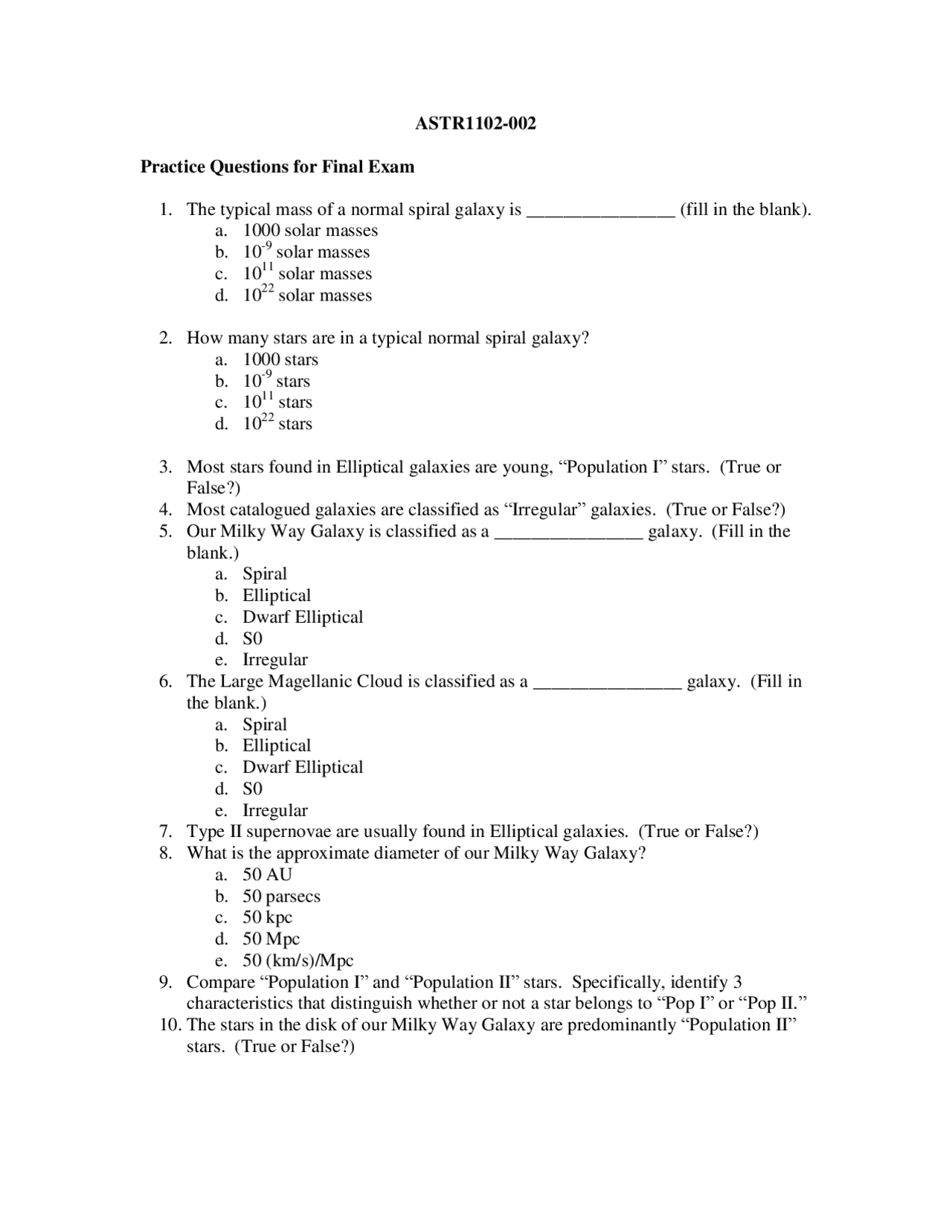 Final Exam Practice Questions Stellar Astronomy Astr 1102 Docsity