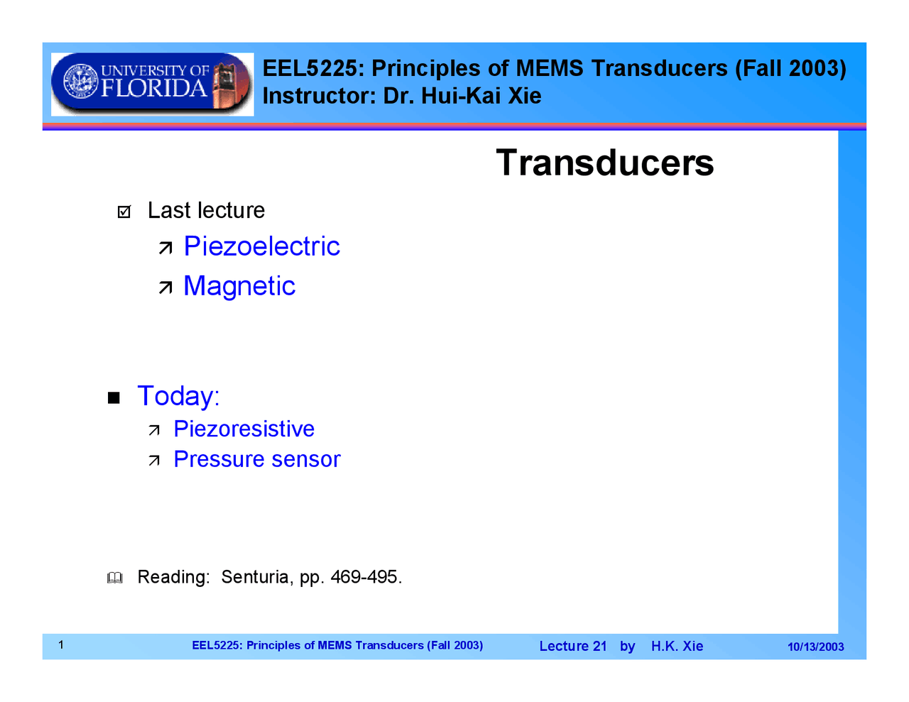 Principles of MEMS Transducers - Lecture Slides | EEL 5225 - Docsity