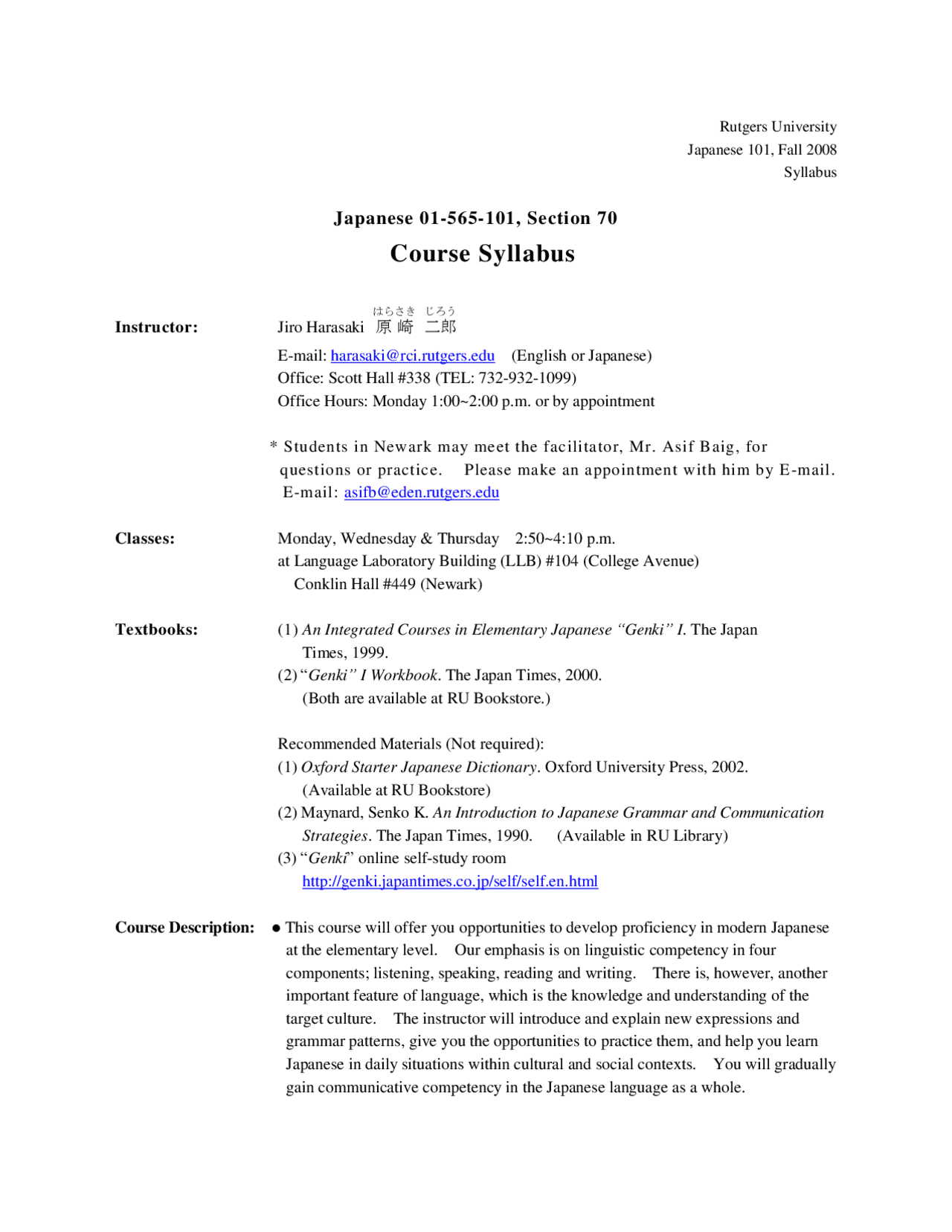 Elementary Japanese - Course Syllabus | 565 101 - Docsity