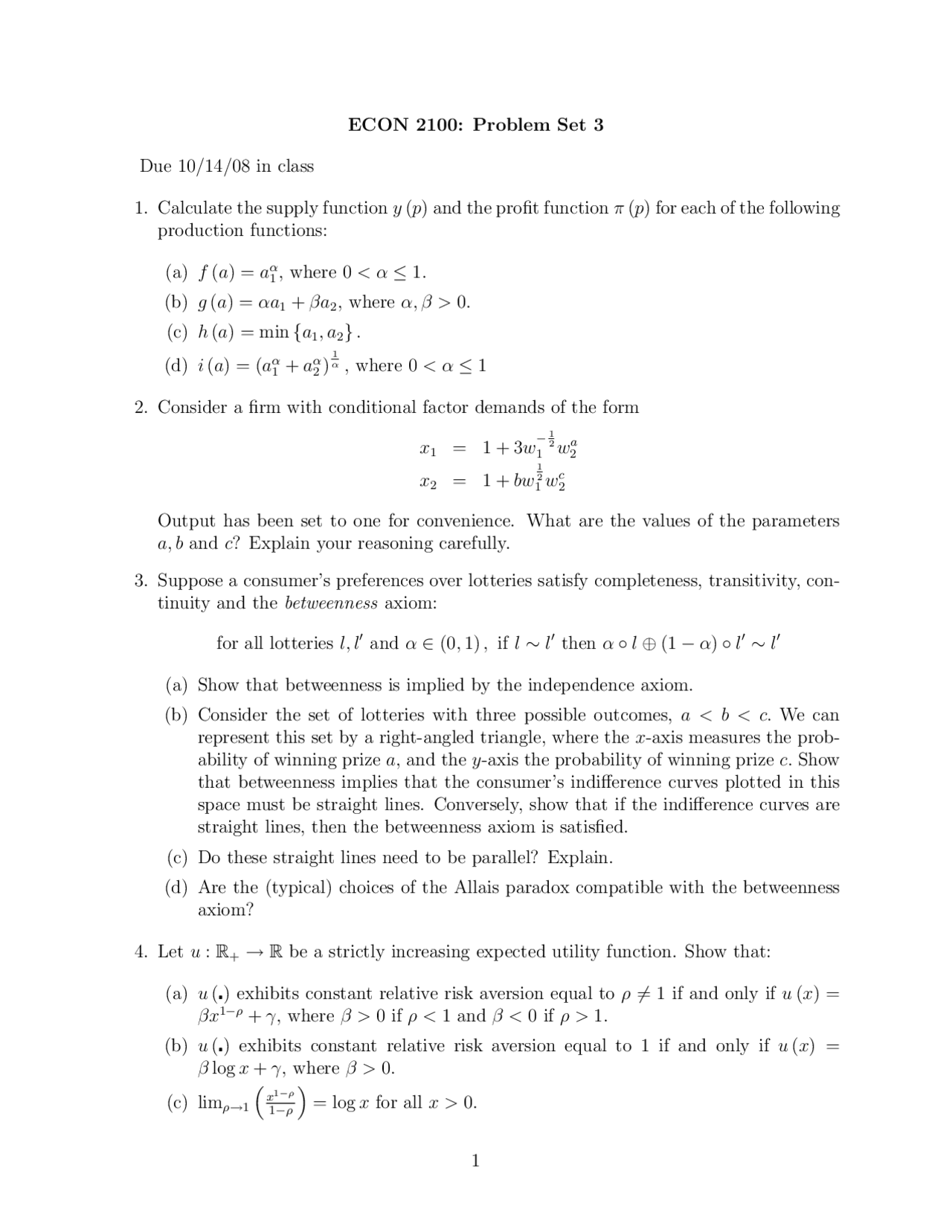 Problem Set 3 Advanced Microeconomic Theory I Econ 2100 Docsity
