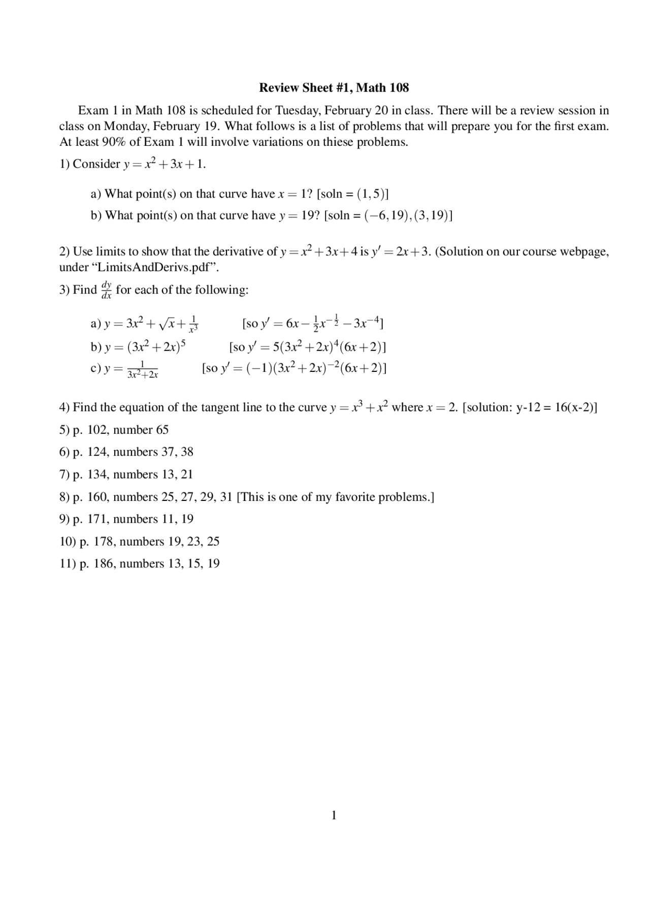 Math 108 Exam 1 Review Sheet: Preparing for the Exam with Problems and Solutions - Prof. D ...