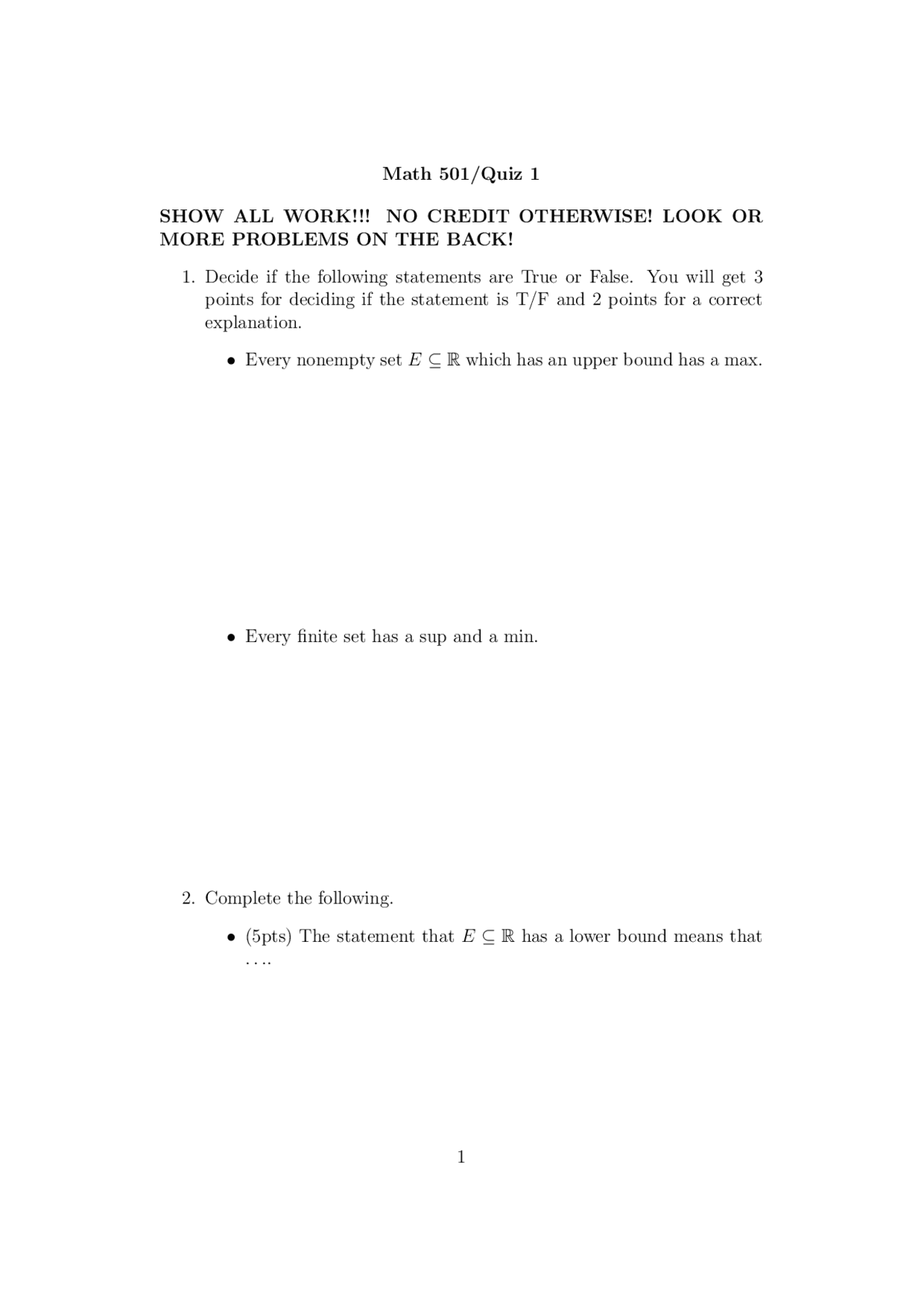 Quiz 1 Questions 4 Introduction To Analysis I Math 501 Docsity