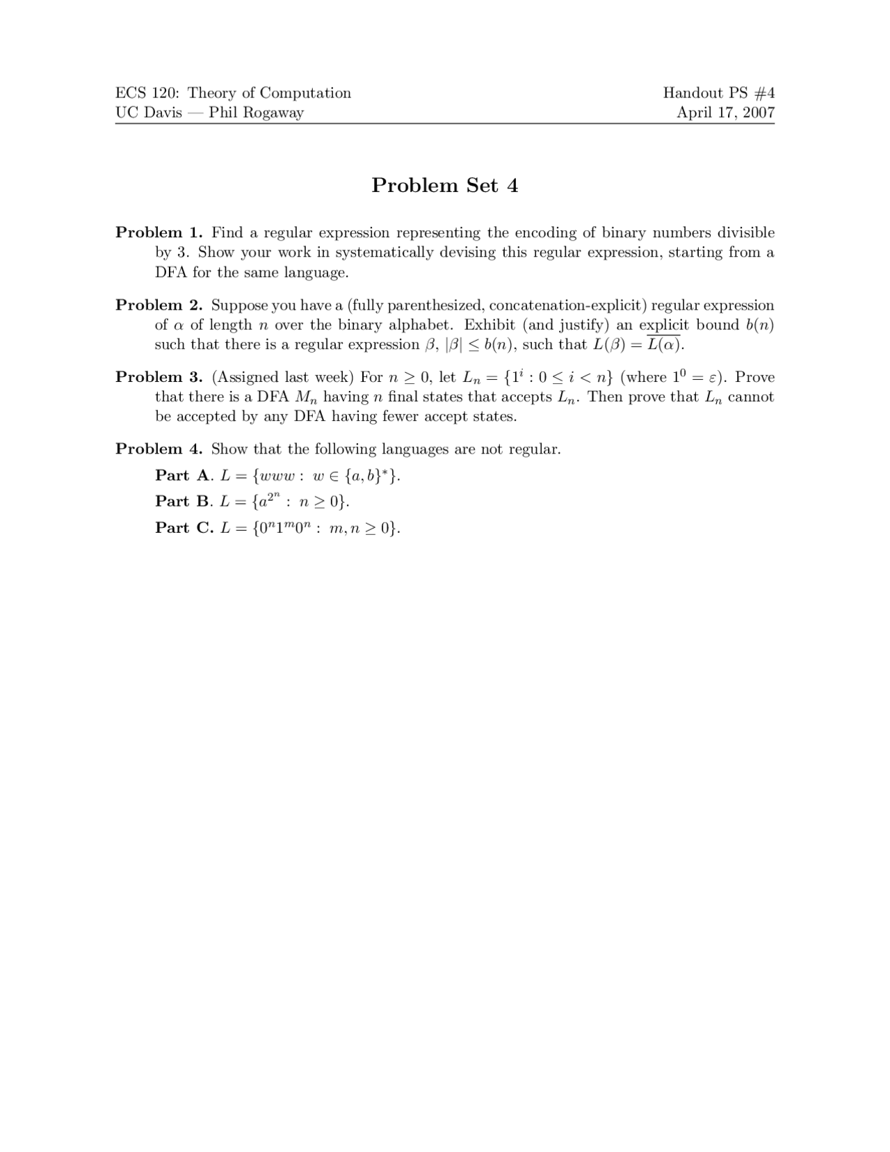 Theory Of Computation Practice Homework 4 Ecs 120 Docsity