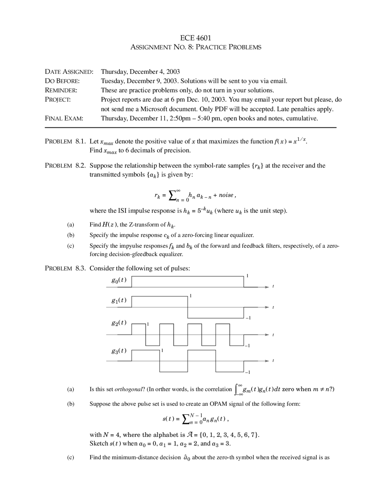 6 Problems on Symbol Rate Samples - Assignment 8 | ECE 4601 - Docsity