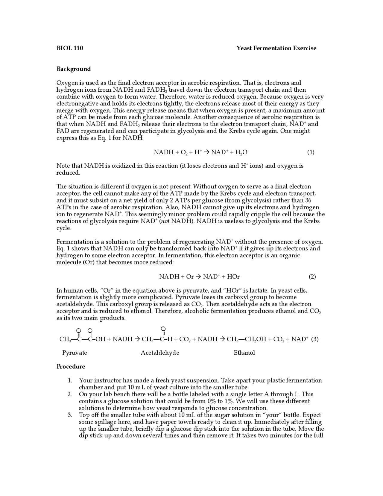Notes On Yeast Fermentation Exercise Principles Of Biology Biol 110