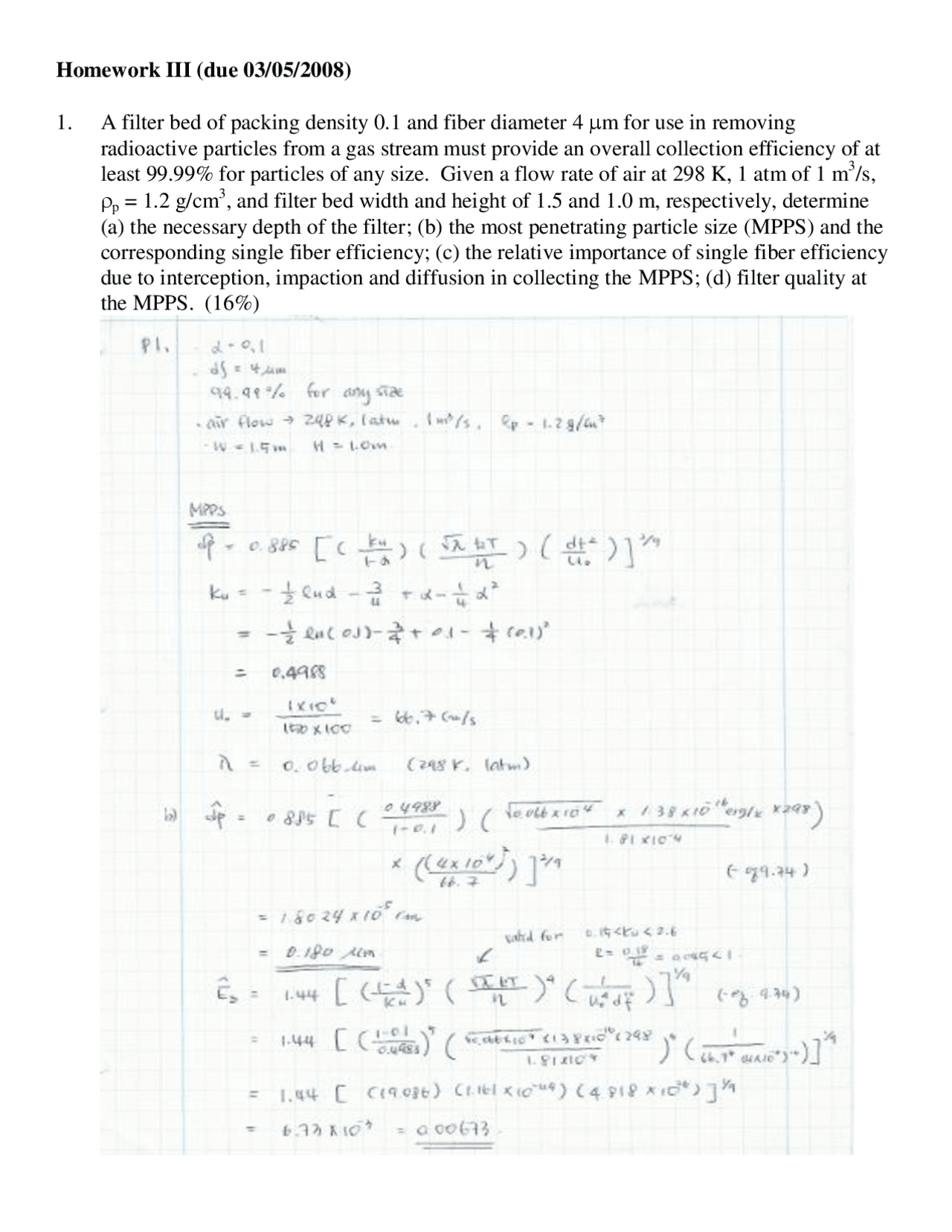 Aerosol Mechanics - Homework III | ENV 6130 | Assignments Engineering | Docsity