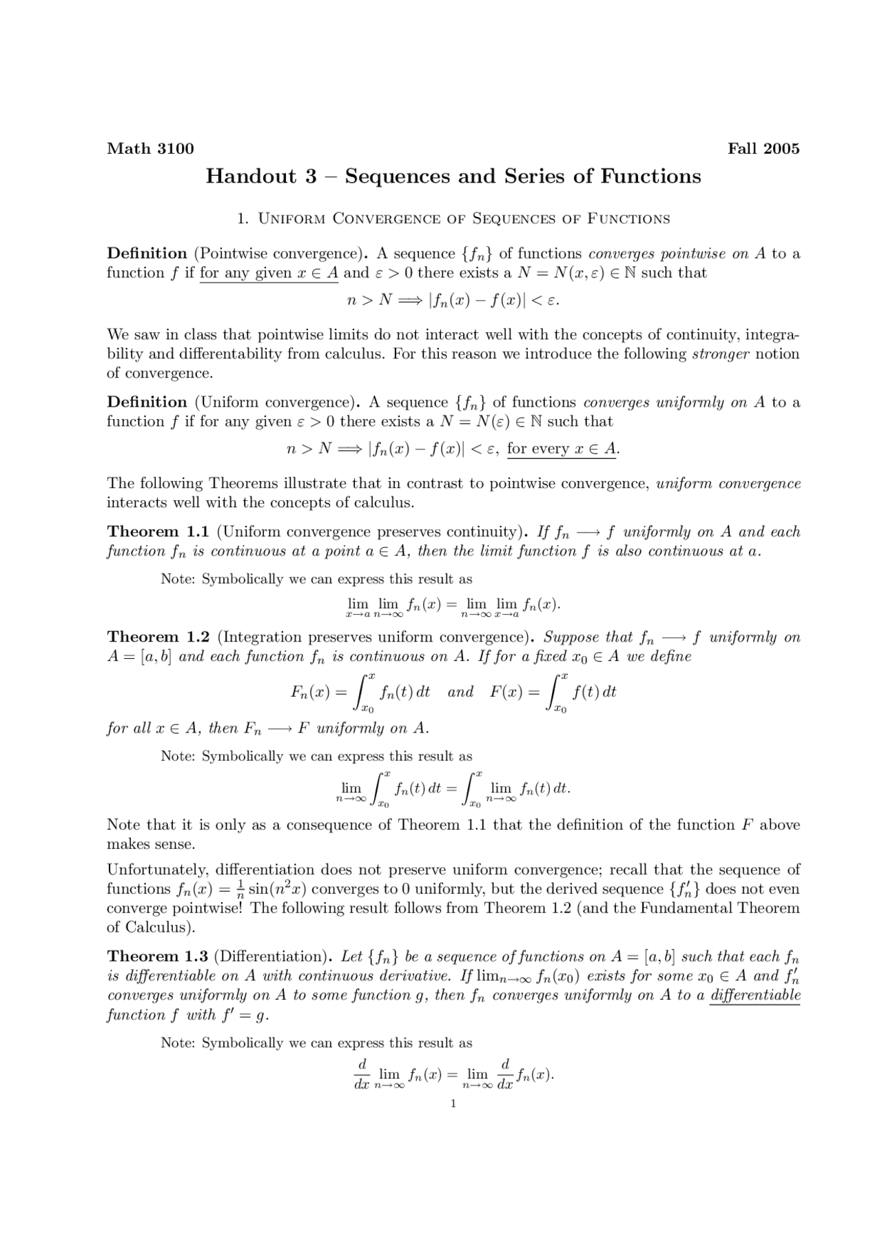 Sequences And Series Of Functions Handout Notes Math 3100 Docsity