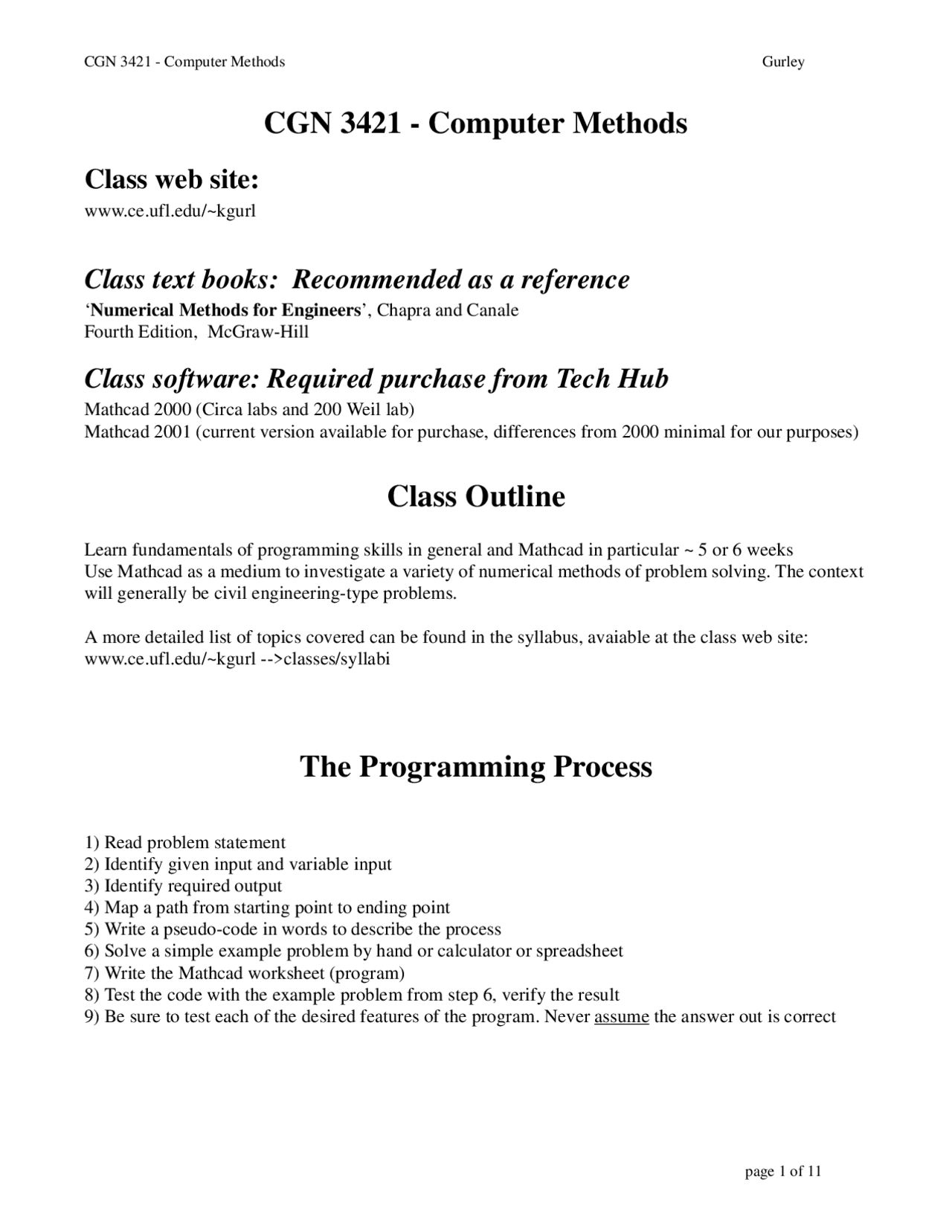 Computer Method and Civil Engineering - Lab Work | CGN 3421 - Docsity