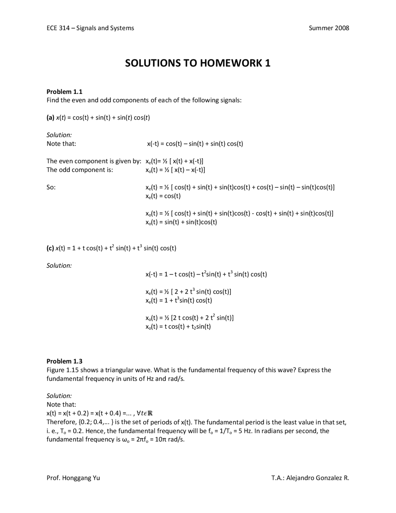 Solutions To Homework 1 Signals And Systems Ece 314 Docsity