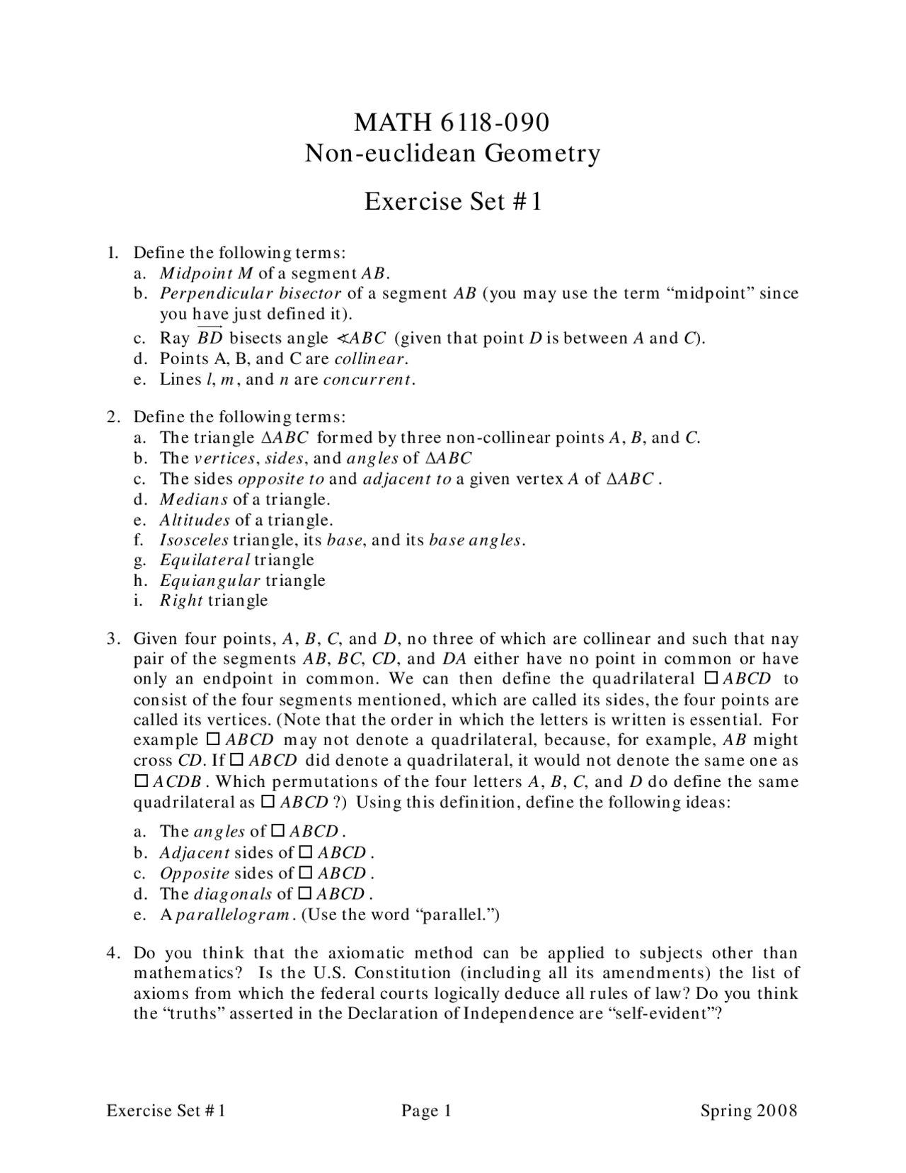 Exercise Set 1 Terms On Non Euclidean Geometry Math 6118 Docsity