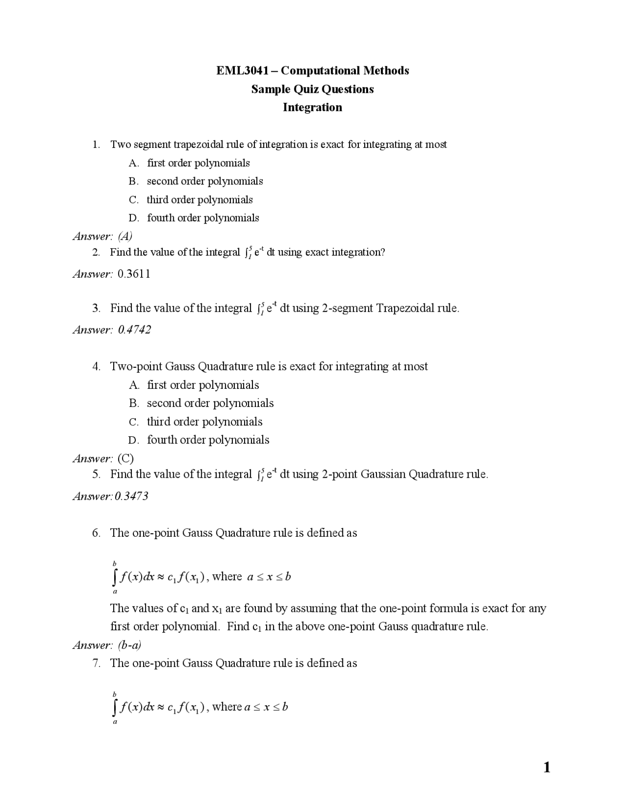 12 Sample Quiz Questions Computational Methods Eml 3041 Docsity