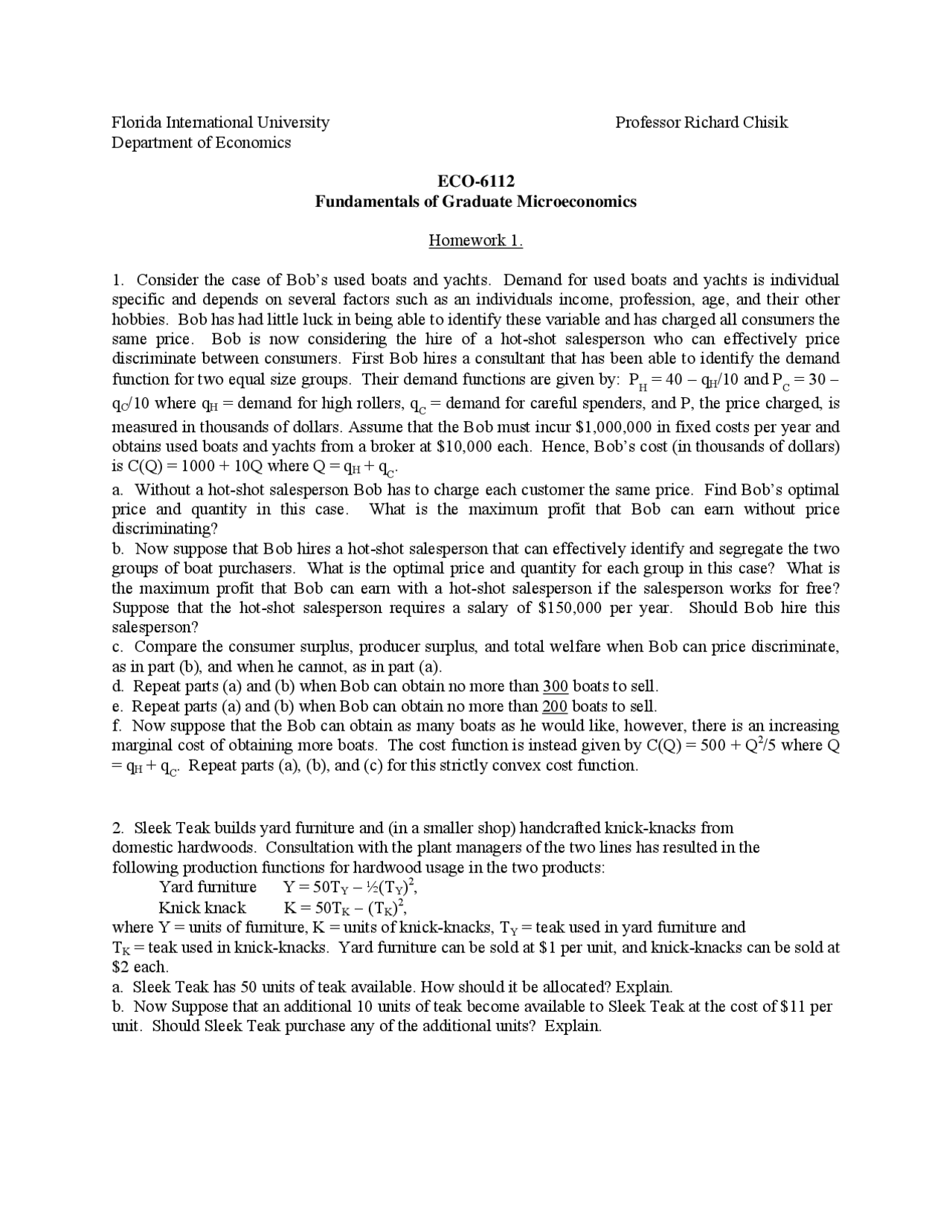 Homework 1 Problems for Fundamentals of Graduate Microeconomics | ECO 6112 - Docsity