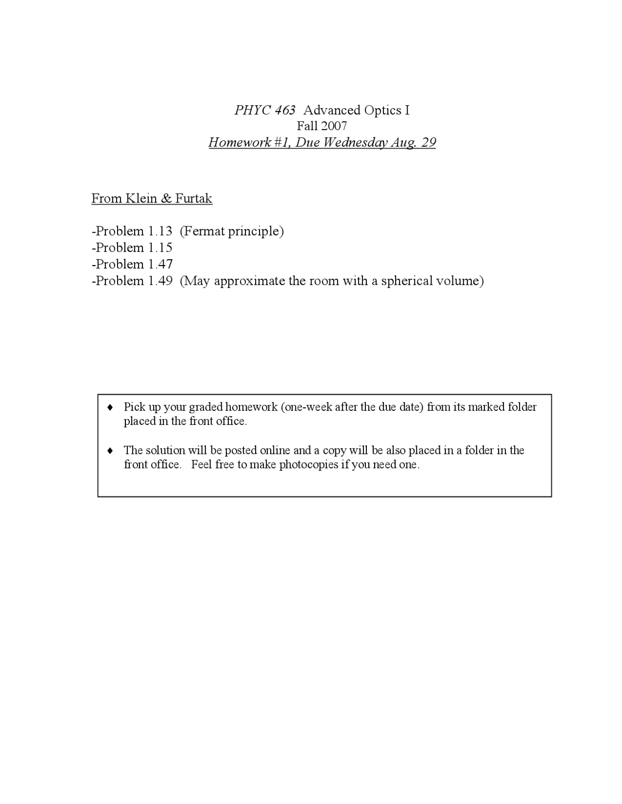 Homework 1 With Problems Advanced Optics I Phyc 463 Docsity