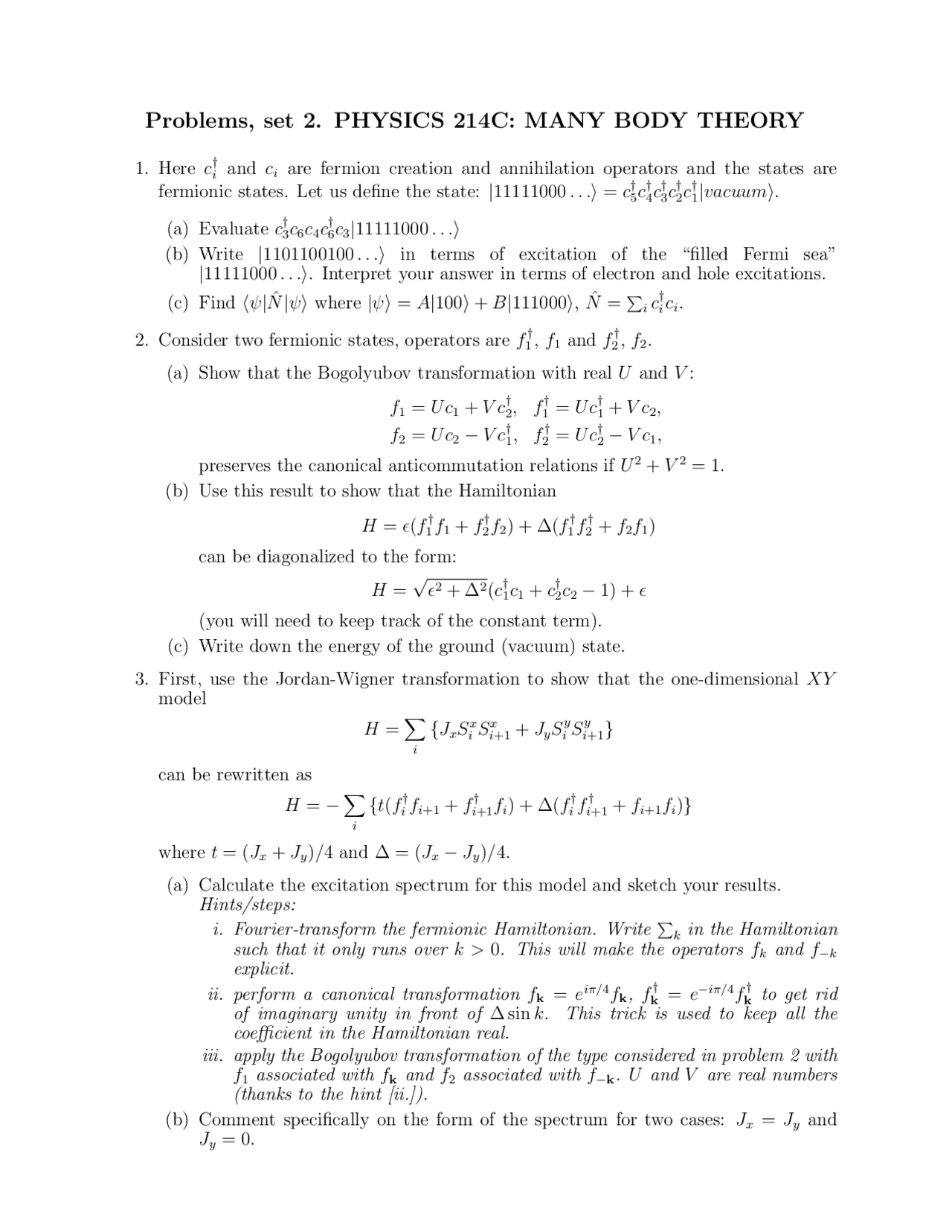 Many Body Theory - Problem Set 2 | Physics 214 - Docsity