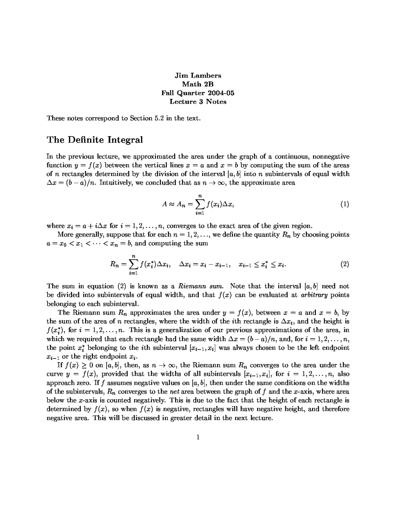 Lecture Notes on The Definite Integral | Math 2B | Study notes Calculus ...