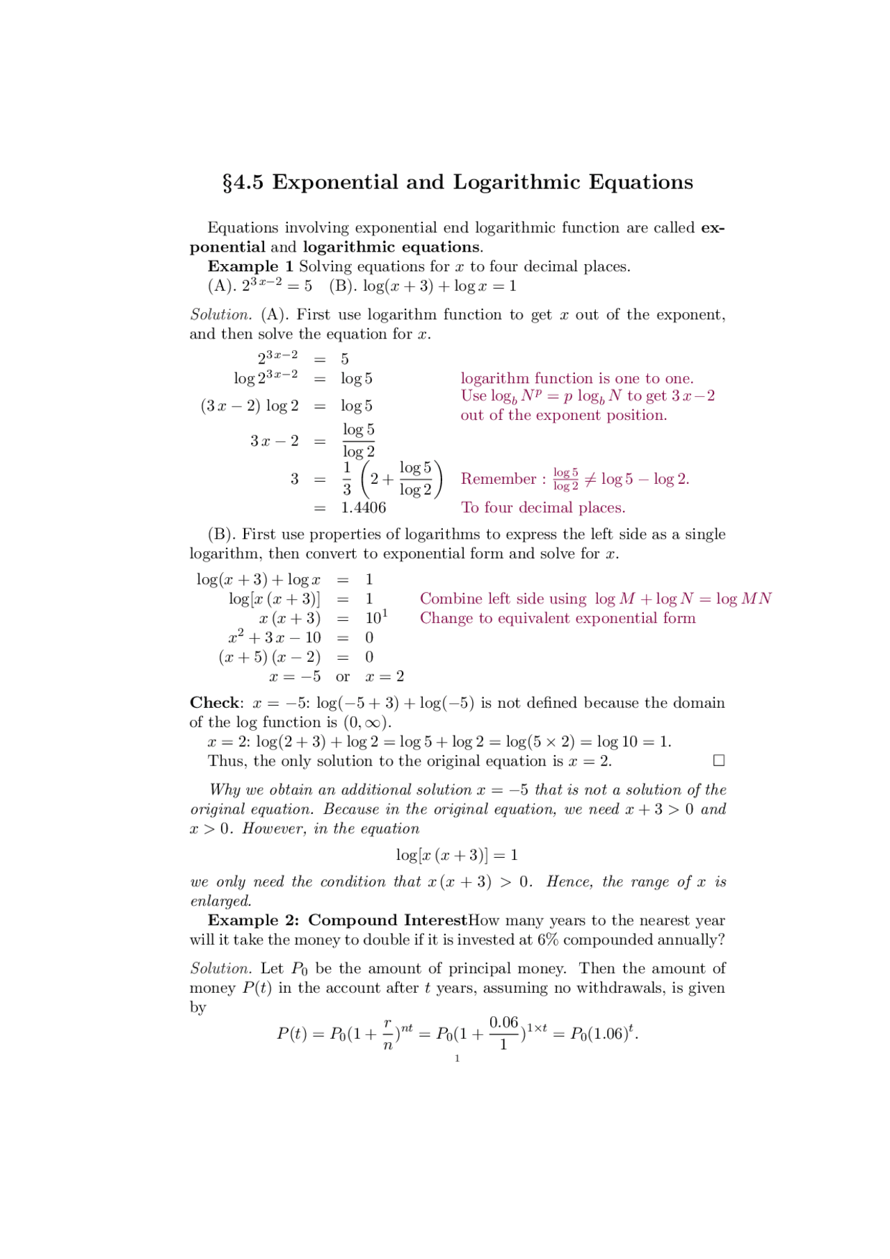Exponential And Logarithmic Equations Notes Math 1b Docsity