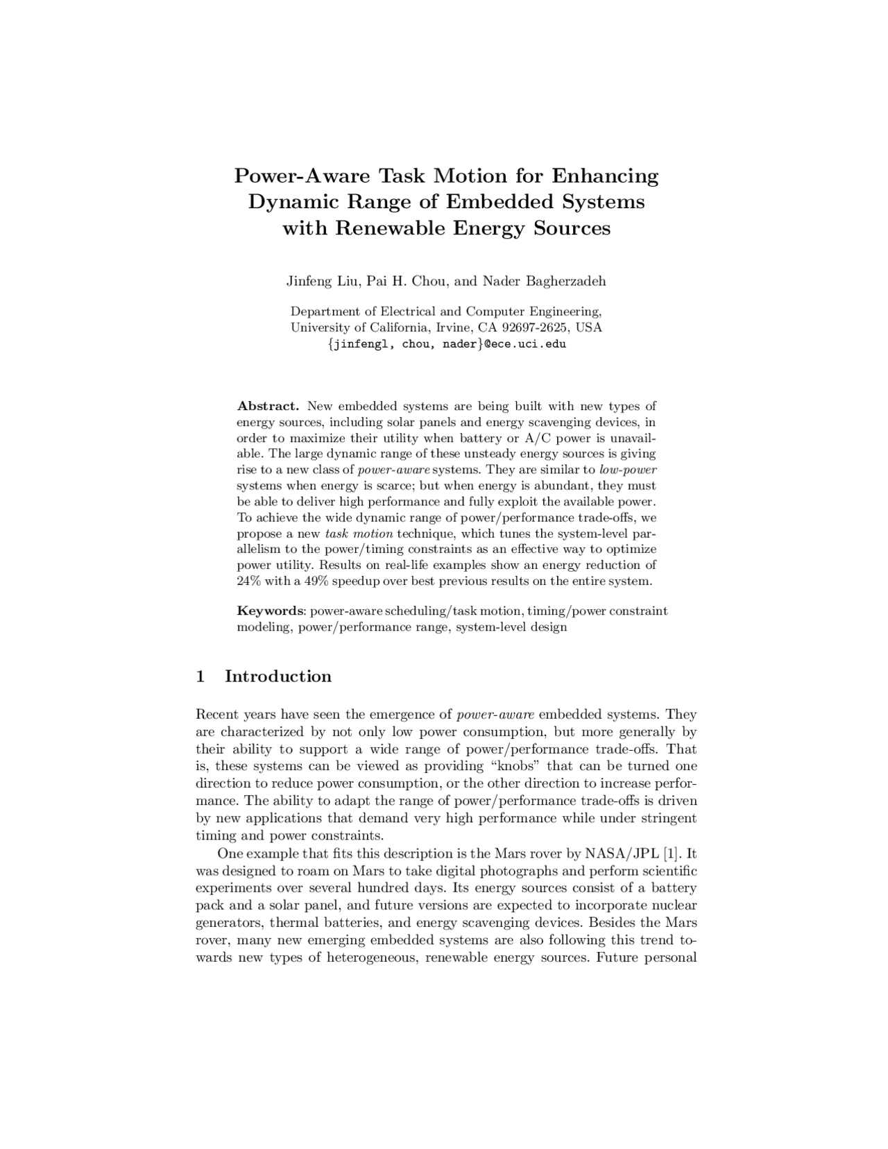 Power Aware Task Motion Enhancing Dynamic Range Of Embedded Systems