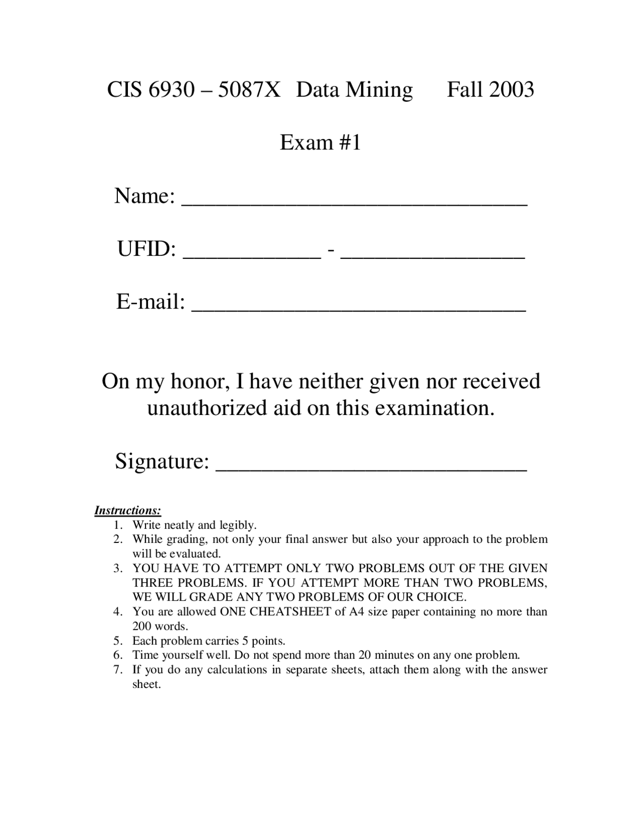3 Problems For Exam 1 Data Mining Fall 2003 Cis 6930 Docsity