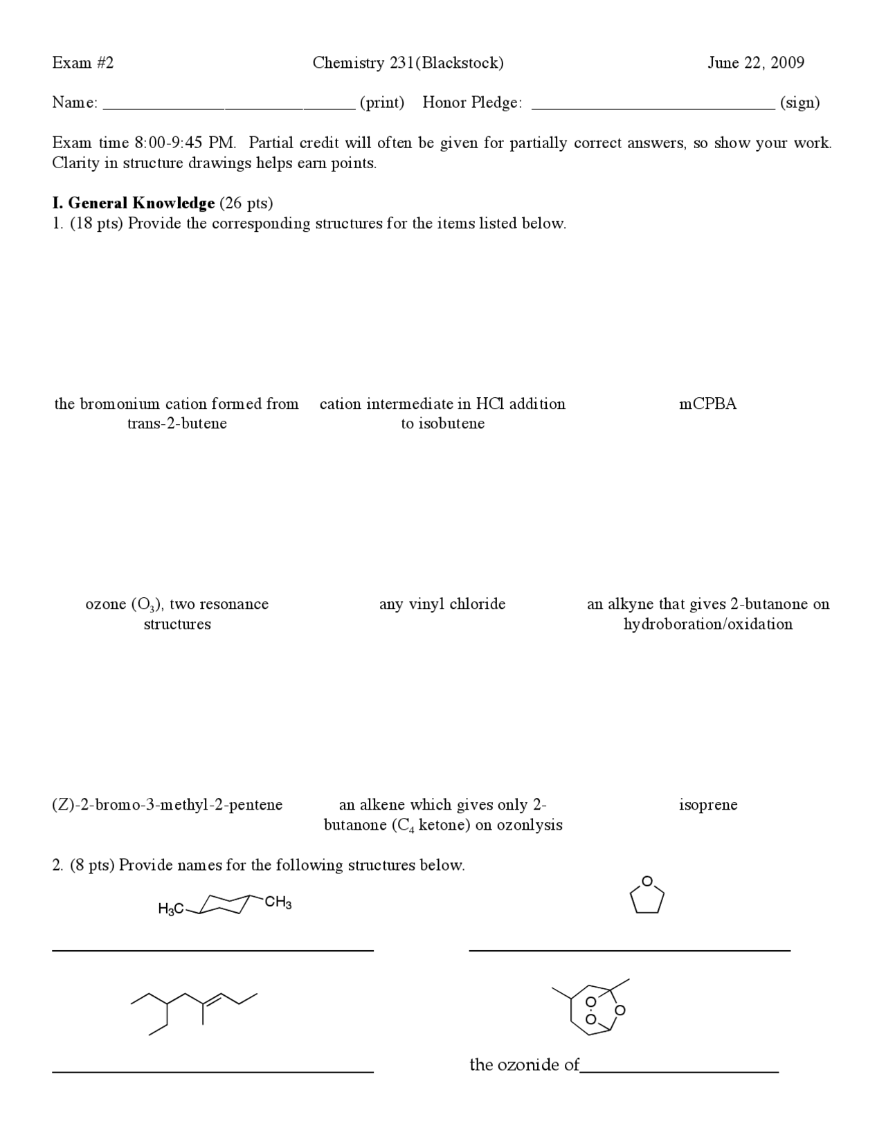 16 Questions On Elementary Organic Chemistry I Examination Ch 231