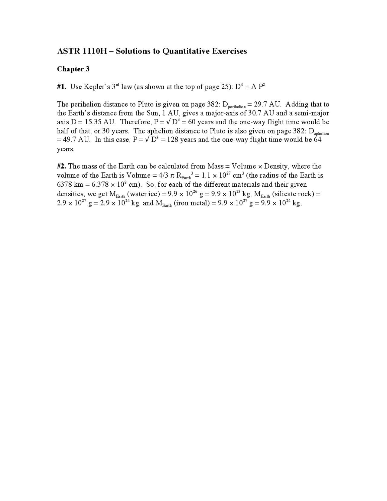 Solutions to Quantitative Exercises - Introduction to Astronomy | ASTR 1110H - Docsity
