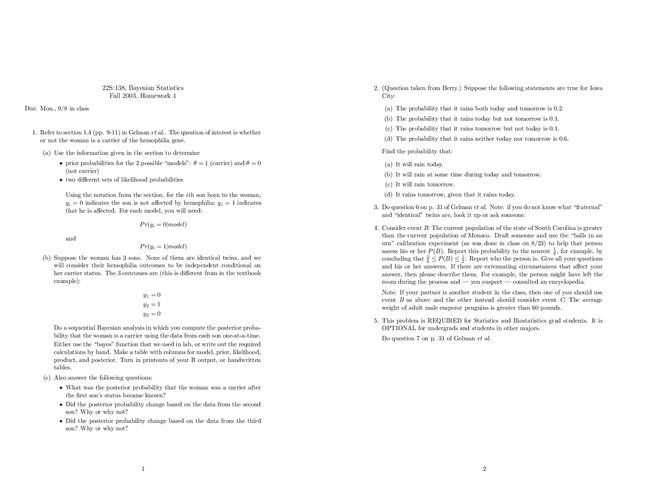 Homework 10 Bayesian Statistics 22s 138 Docsity