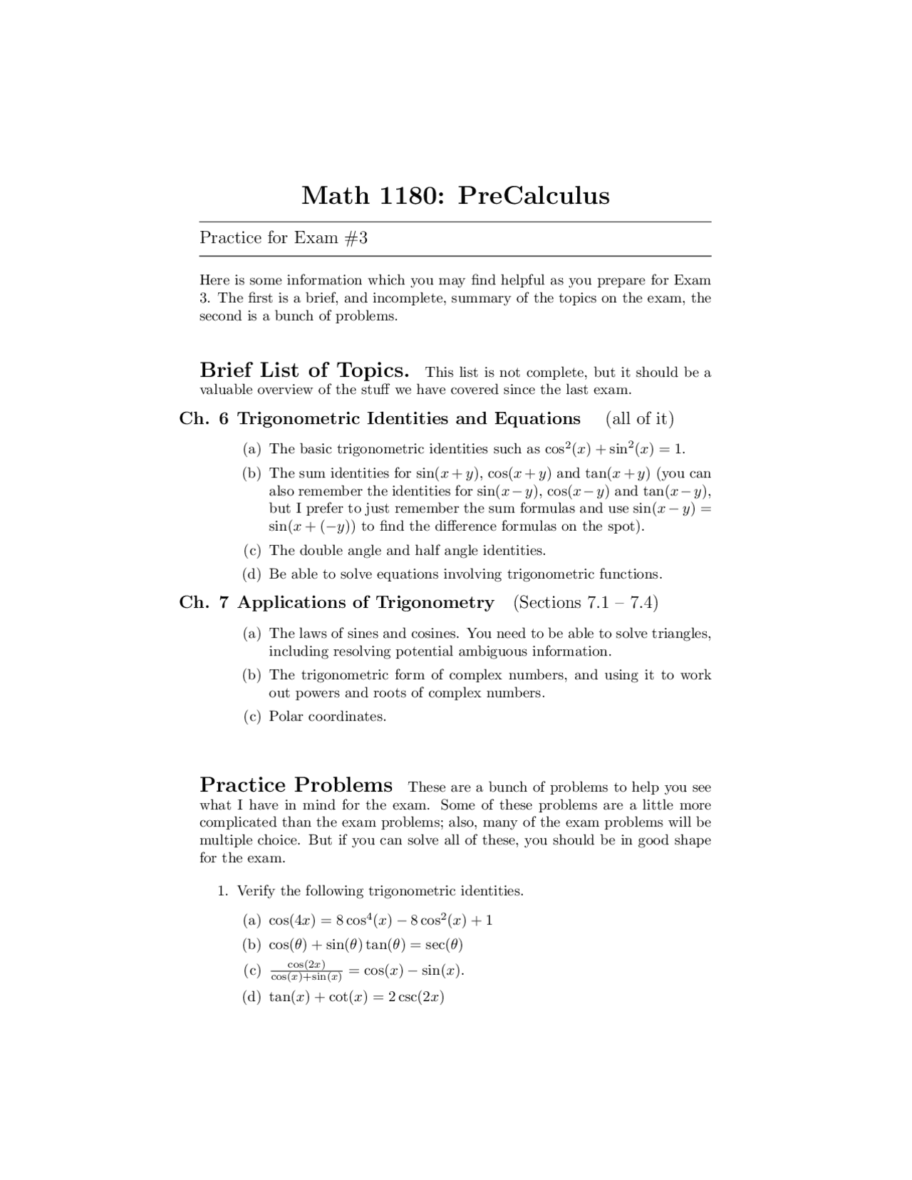 Precalculus Math Practice Questions For Exam 3 Math 1180 Docsity