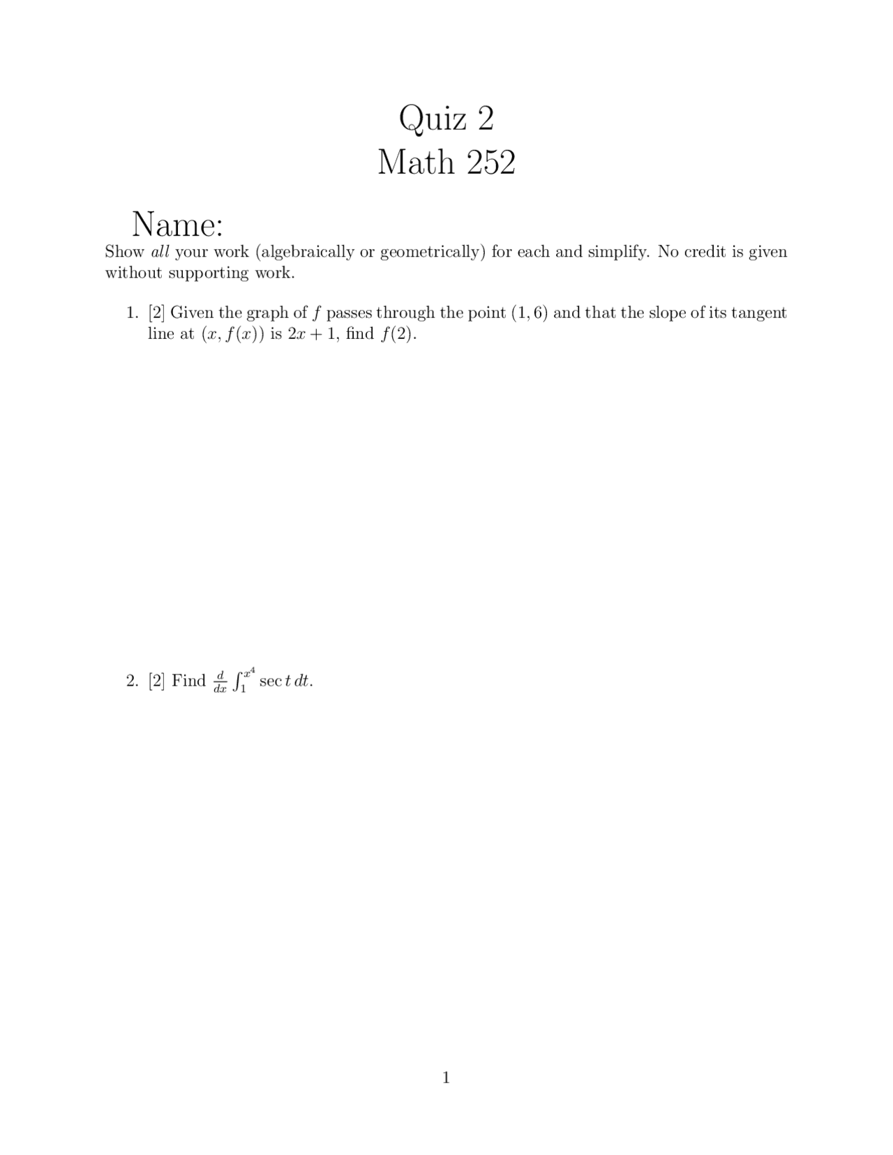 Quiz 2 in Math 252: Finding Function Values and Integrals | Quizzes ...