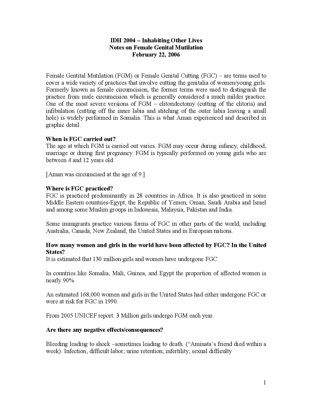 Notes on Female Genital Mutilation - Inhabiting Other Lives | IDH 2004 ...